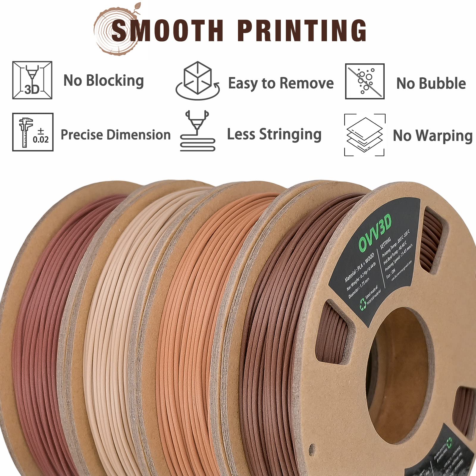 OVV3D Wood 3D Printer Filament Bundle, Wood PLA Filament 1.75mm Bundle, Wood Filament More Than 30% Real Wood Fiber, Walnut, Oak, Cherry, Teak, 1.75 PLA Filament 3D Printing Filament, 200g X 4 Pack
