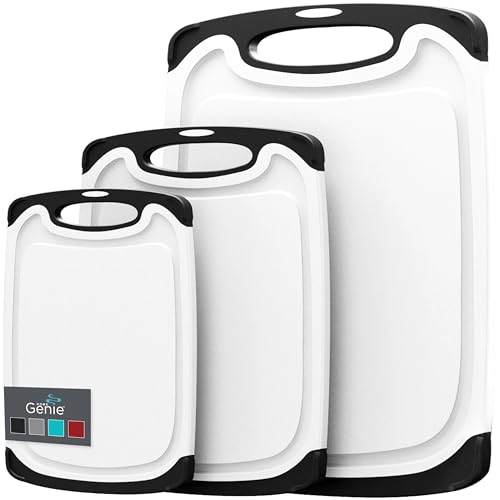 Home Genie 100% BPA-Free Reversible Cutting Board Set of 3, Dishwasher Safe, Slip Resistant Handle Border, Juice Grooves, Durable Large Plastic Chopping Boards for Kitchen, Cooking Food, Pitch Black