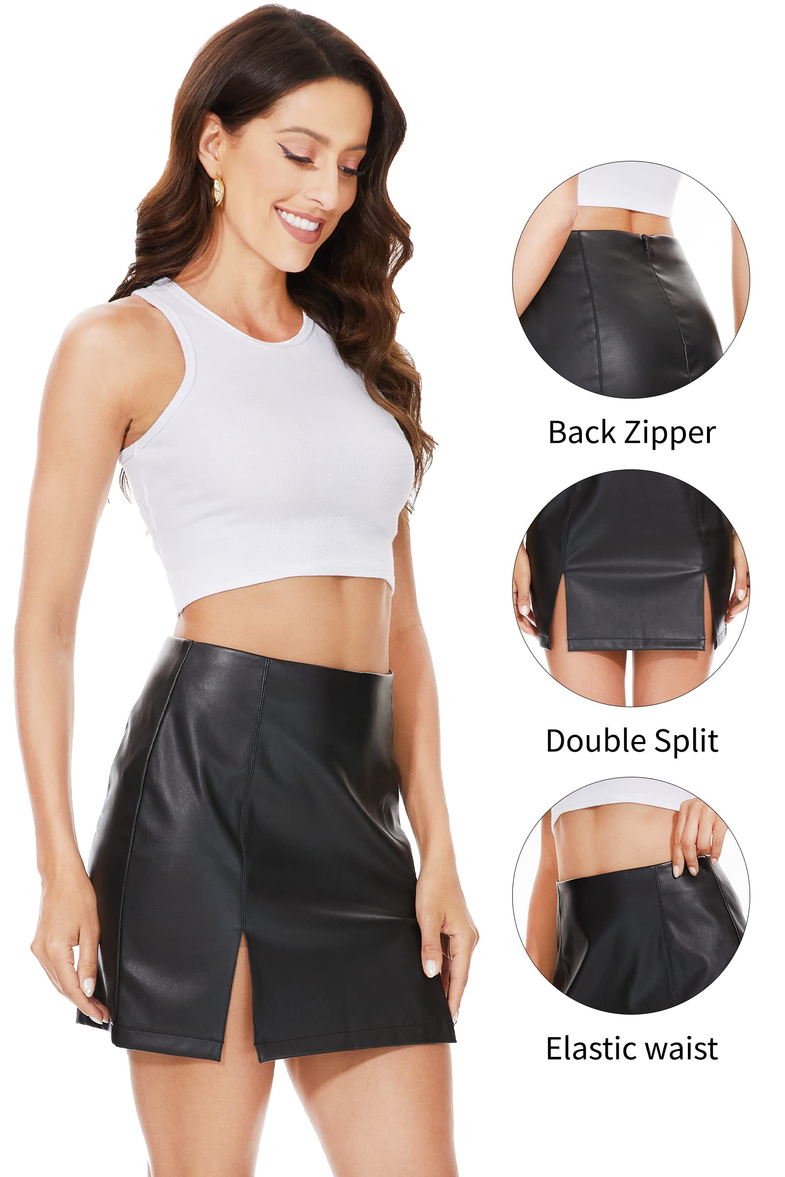 Fahsyee Leather Split Skirt, Black Women Faux Mini Elastic High Waist Plus Size Pencil Aline Bodycon Vegan Stretch Elegant Skirts L