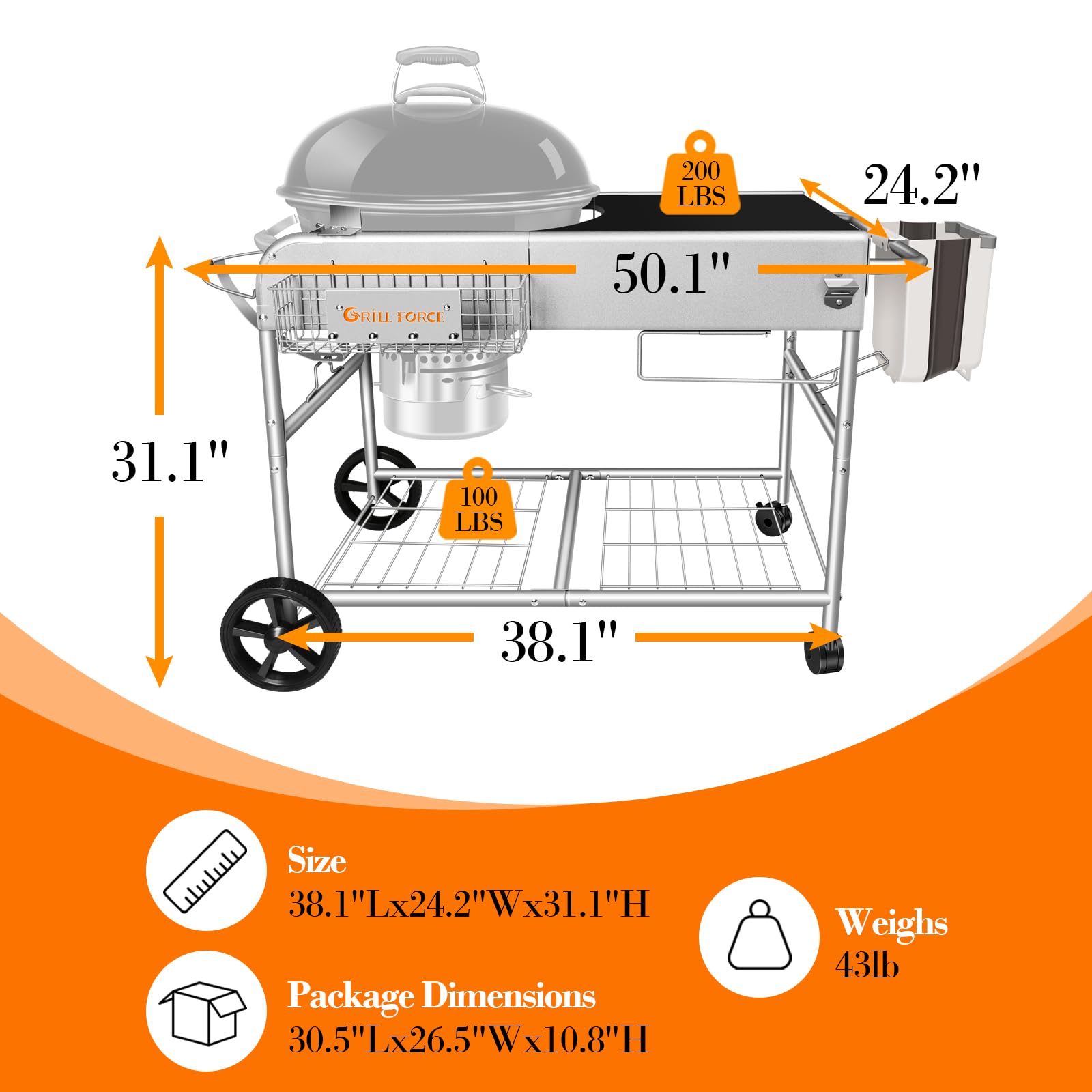 GRILL FORCE Grill Table for Weber 18" & 22" Original Kettle,Kettle Grill Cart,Outdoor Prep Table for Weber Original Kettle,Jumbo Joe,Master-Touch Charcoal Grill,Performer Charcoal Grill Accessories