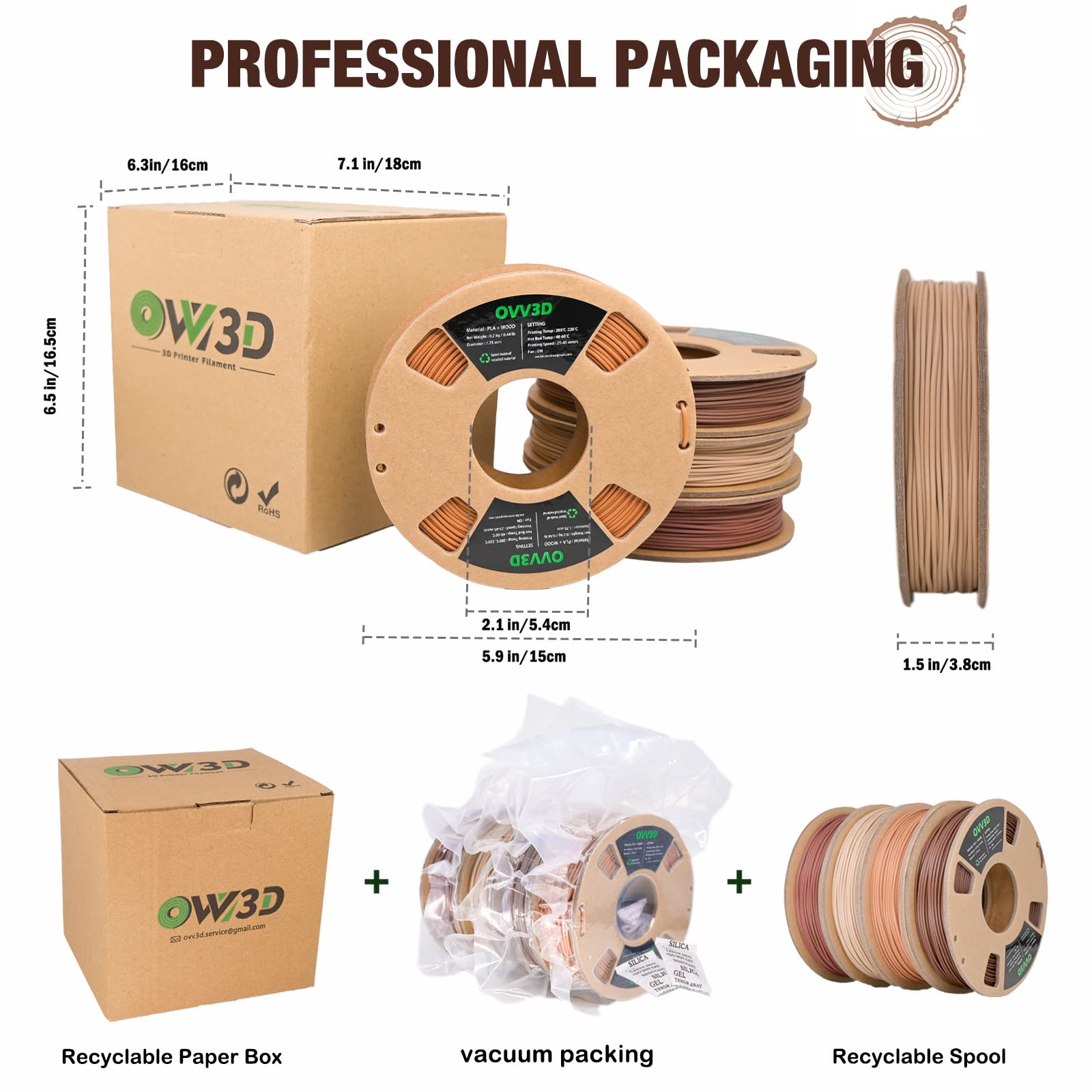 OVV3D Wood 3D Printer Filament Bundle, Wood PLA Filament 1.75mm Bundle, Wood Filament More Than 30% Real Wood Fiber, Walnut, Oak, Cherry, Teak, 1.75 PLA Filament 3D Printing Filament, 200g X 4 Pack