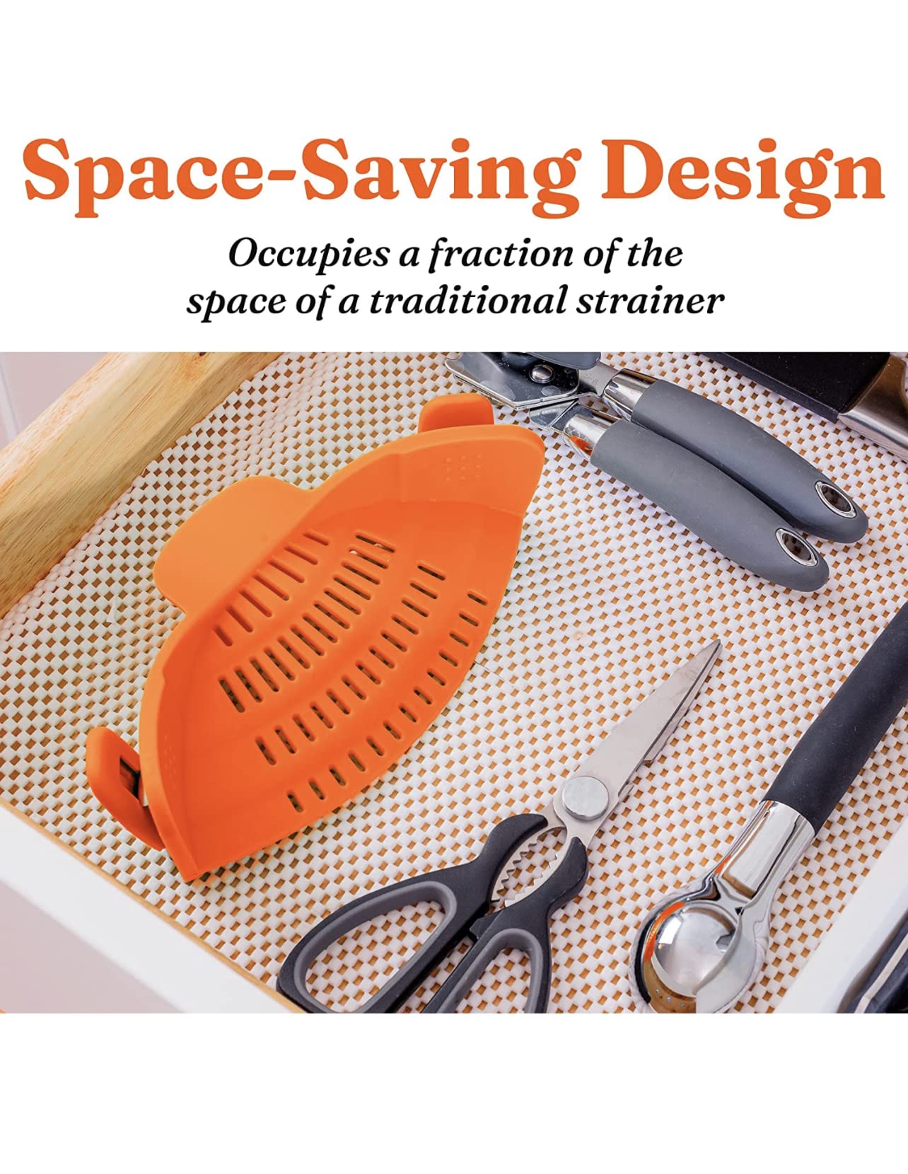 Kitchen Snap N Strain Pot Strainer and Pasta Strainer - Adjustable Silicone Clip On Strainer for Pots, Pans, and Bowls (Orange)