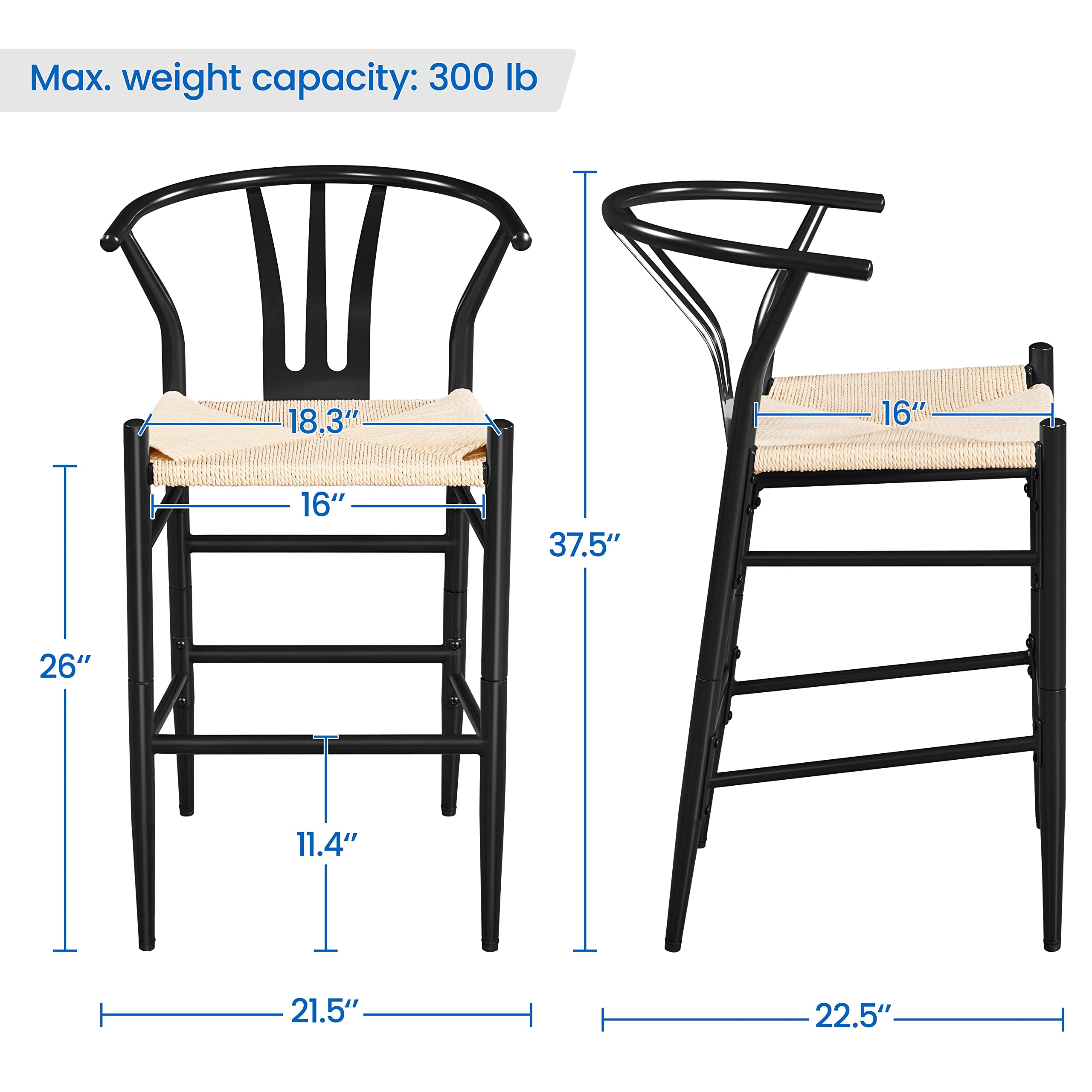 Yaheetech 26'' Weave Counter Stools Set of 4 Barstool Mid-Century Modern Metal Bar Stool Counter-Height Stool Slat Backrest Dining Chair, Black