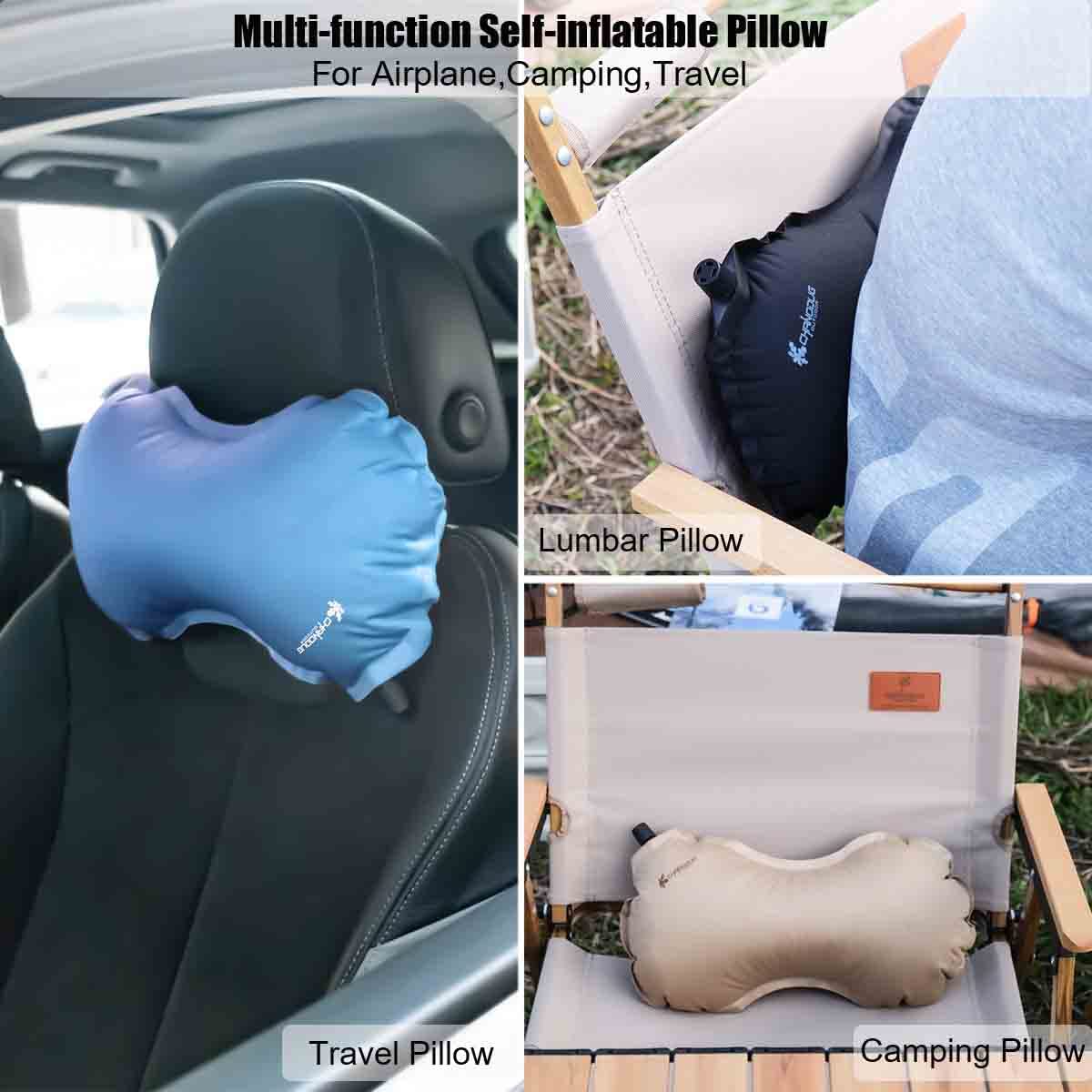 CHANODUG Portable Inflatable Lumbar Support Travel Pillow with Memory Foam Insert - Perfect for Lower Back Pain Relief, Comfort and Support While Flying, Driving, Camping (Blue)