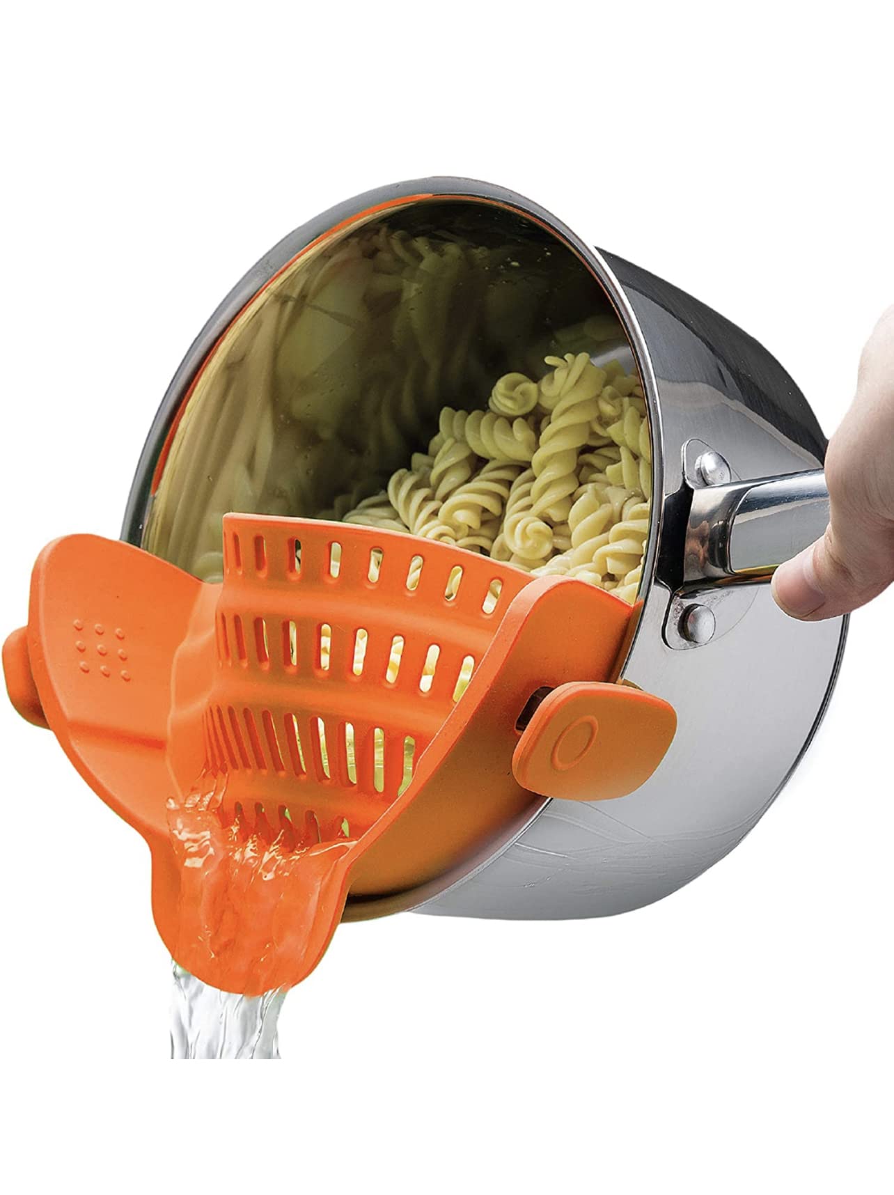 Kitchen Snap N Strain Pot Strainer and Pasta Strainer - Adjustable Silicone Clip On Strainer for Pots, Pans, and Bowls (Orange)