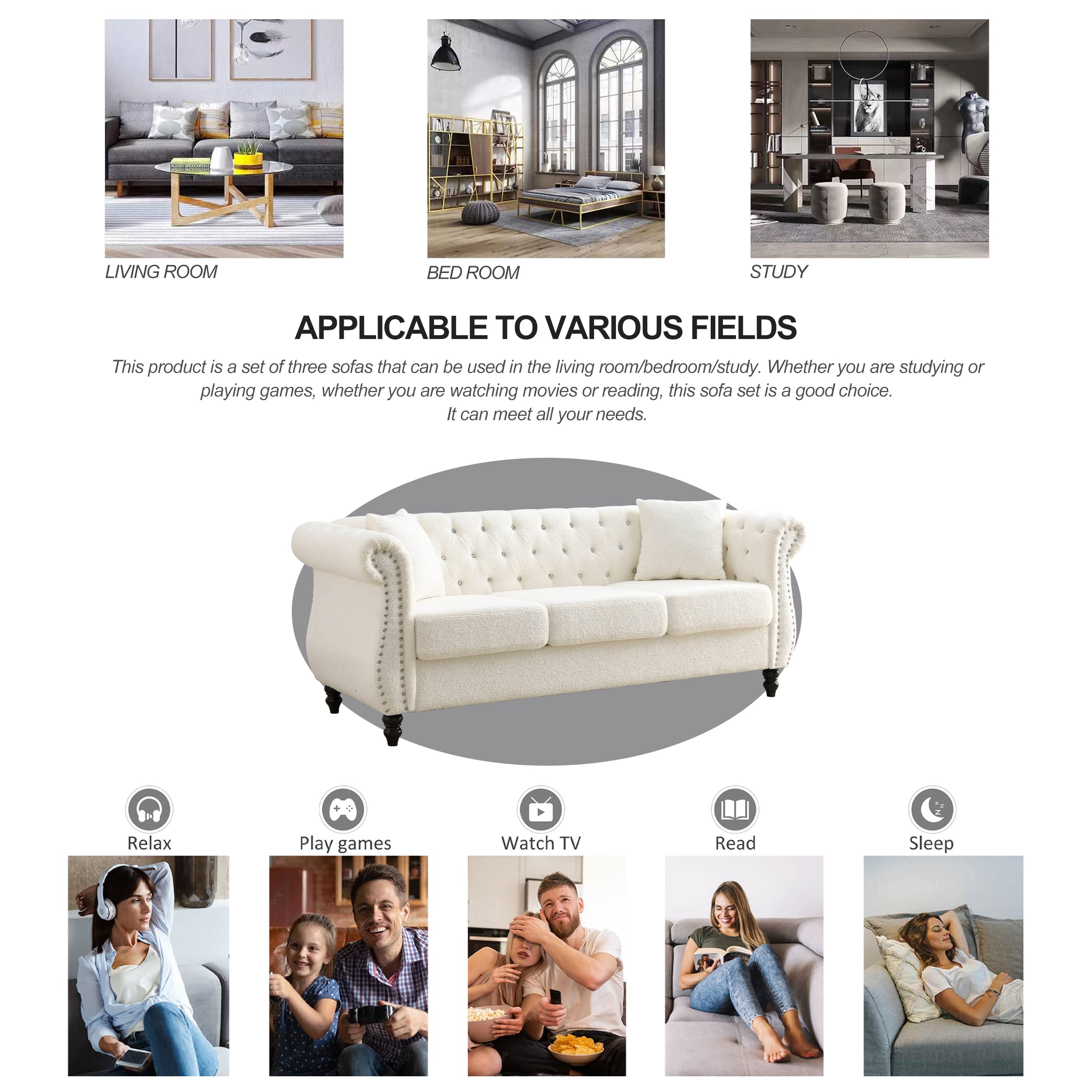 Xozor 80" Chesterfield Sofa,3 Seater Sofa Tufted Couch Upholstered Sofa Couch,with Rolled Arms and Nailheads,Two Pillows, for Living Room, Bedroom, Office, Apartment. Teddy White