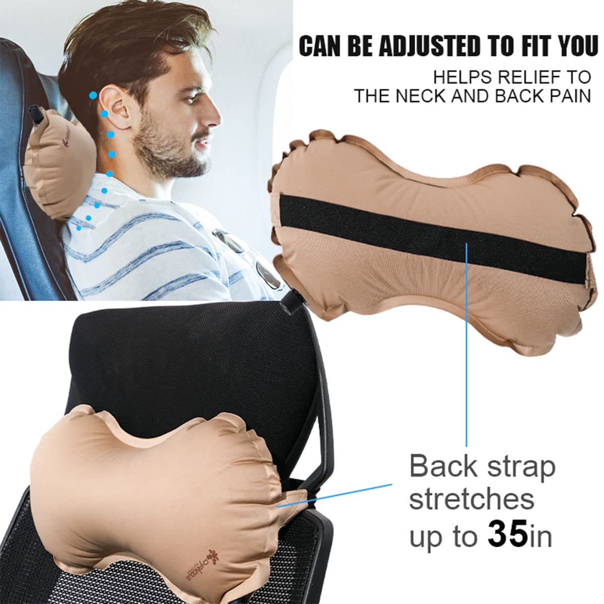CHANODUG Portable Inflatable Lumbar Support Travel Pillow with Memory Foam Insert - Perfect for Lower Back Pain Relief, Comfort and Support While Flying, Driving, Camping (Blue)