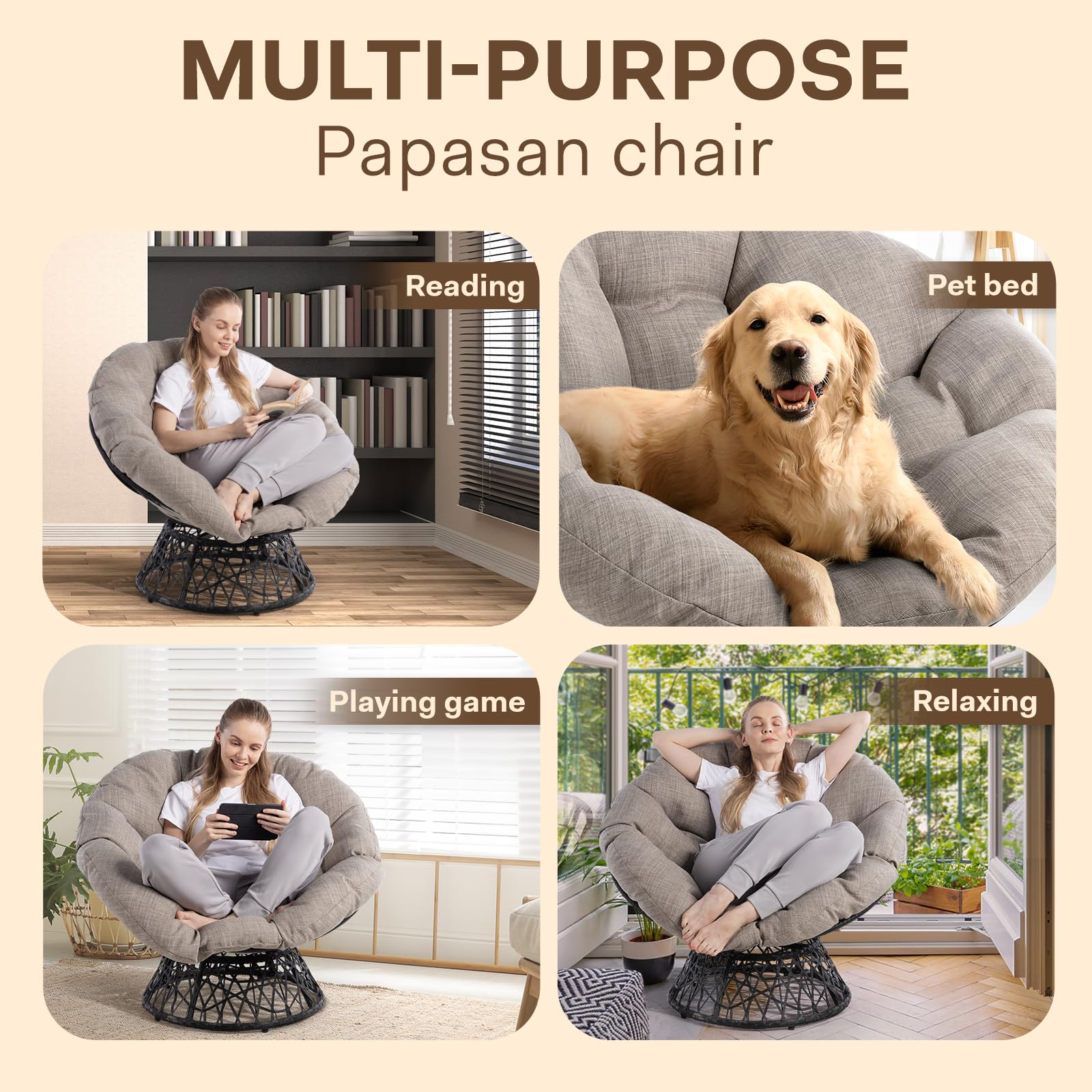 Bme 40" Ergonomic Wicker Papasan Chair with Soft Thick Density Fabric Cushion, High Capacity Steel Frame, 360 Degree Swivel for Living, Bedroom, Reading Room, Lounge, Silver Cloud - Black Base
