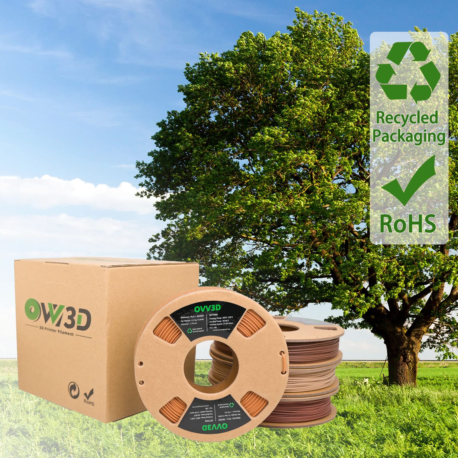 OVV3D Wood 3D Printer Filament Bundle, Wood PLA Filament 1.75mm Bundle, Wood Filament More Than 30% Real Wood Fiber, Walnut, Oak, Cherry, Teak, 1.75 PLA Filament 3D Printing Filament, 200g X 4 Pack