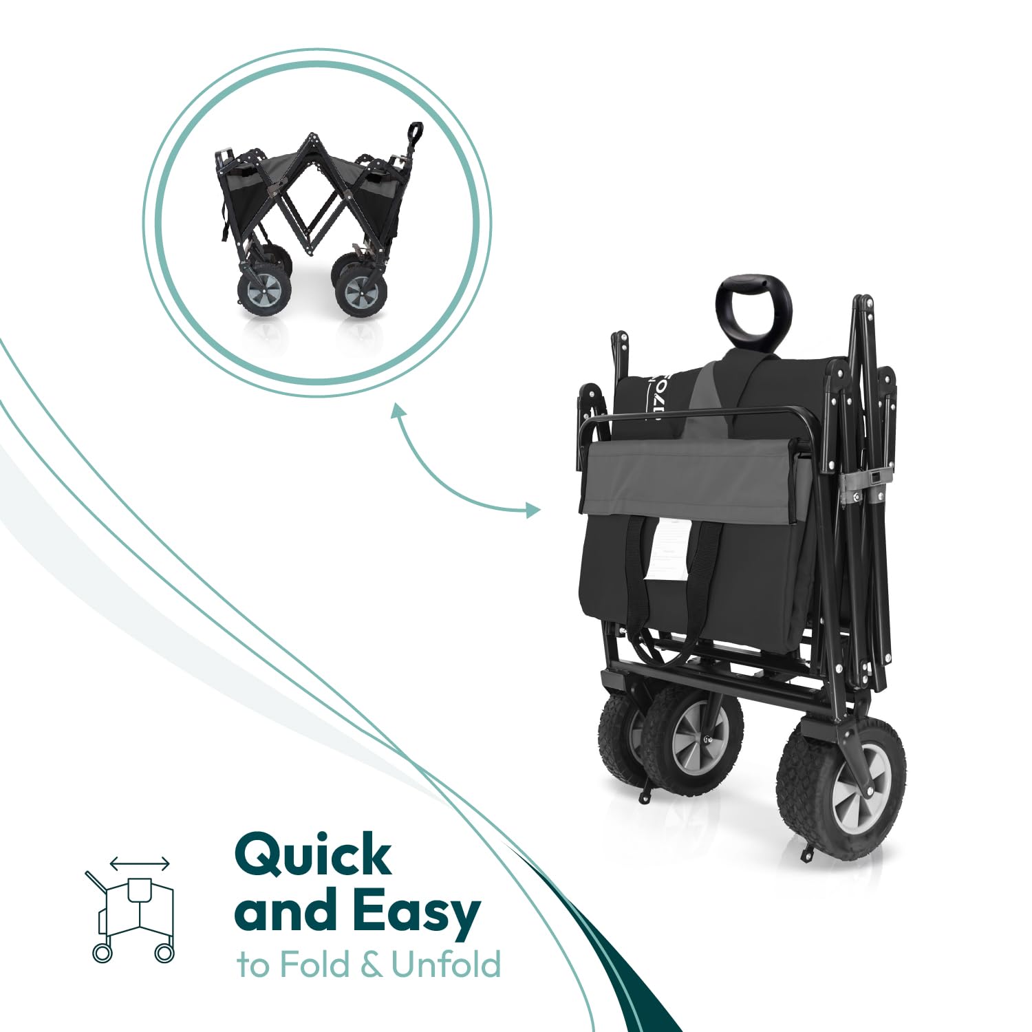WONDERFOLD S1 Folding Utility Cart with Easy-Clean Removable 600D Fabric, Adjustable Pull Handle with Spring Bounce Technology & Active Front Steering, Black