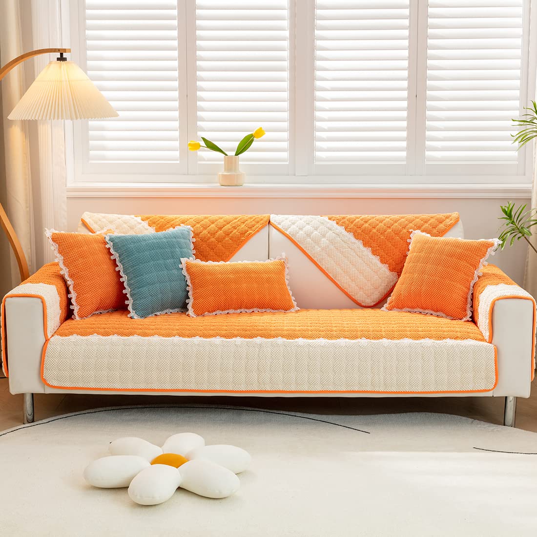 vctops Soft Corduroy Sofa Couch Cover, Plaid Sectional Couch Covers, Non-Slip Sofa Slipcover for Dogs Cats Kids(Orange,43"x43")