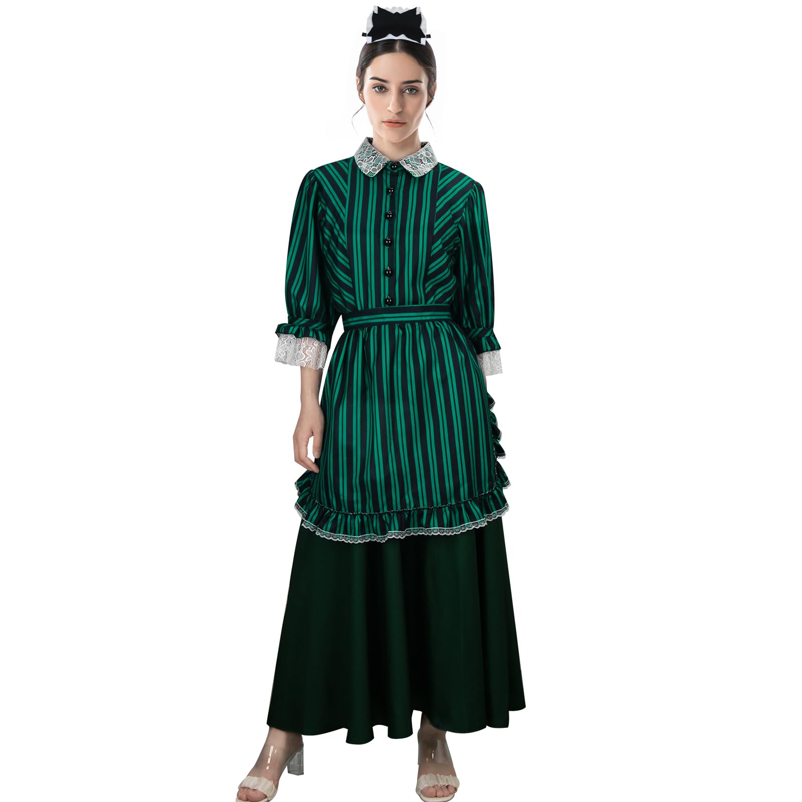 FOGHORN Women Haunted Mansion Costume Cast Member Maid Apron Dress with Headwear Halloween Ghost Cosplay Outfit (XL)