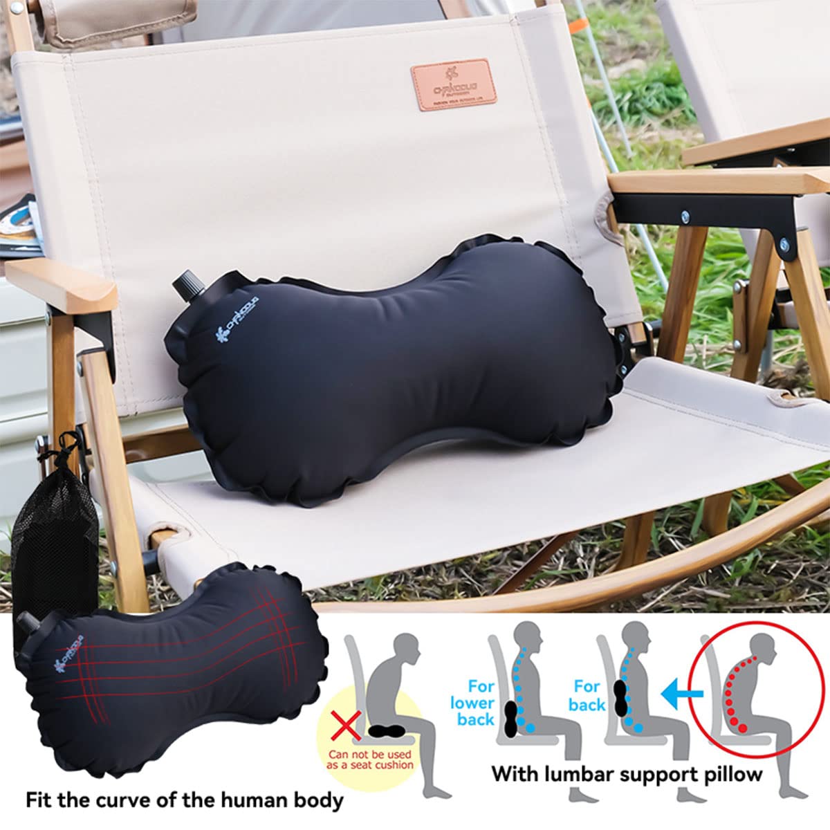 CHANODUG Portable Inflatable Lumbar Support Travel Pillow with Memory Foam Insert - Perfect for Lower Back Pain Relief, Comfort and Support While Flying, Driving, Camping (Blue)