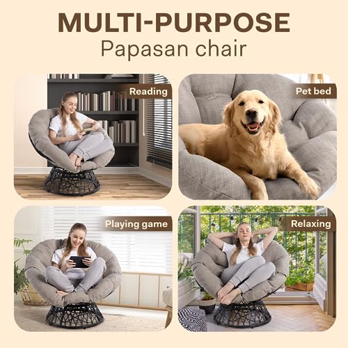 Bme 40" Ergonomic Wicker Papasan Chair with Soft Thick Density Fabric Cushion, High Capacity Steel Frame, 360 Degree Swivel for Living, Bedroom, Reading Room, Lounge, Silver Cloud - Black Base
