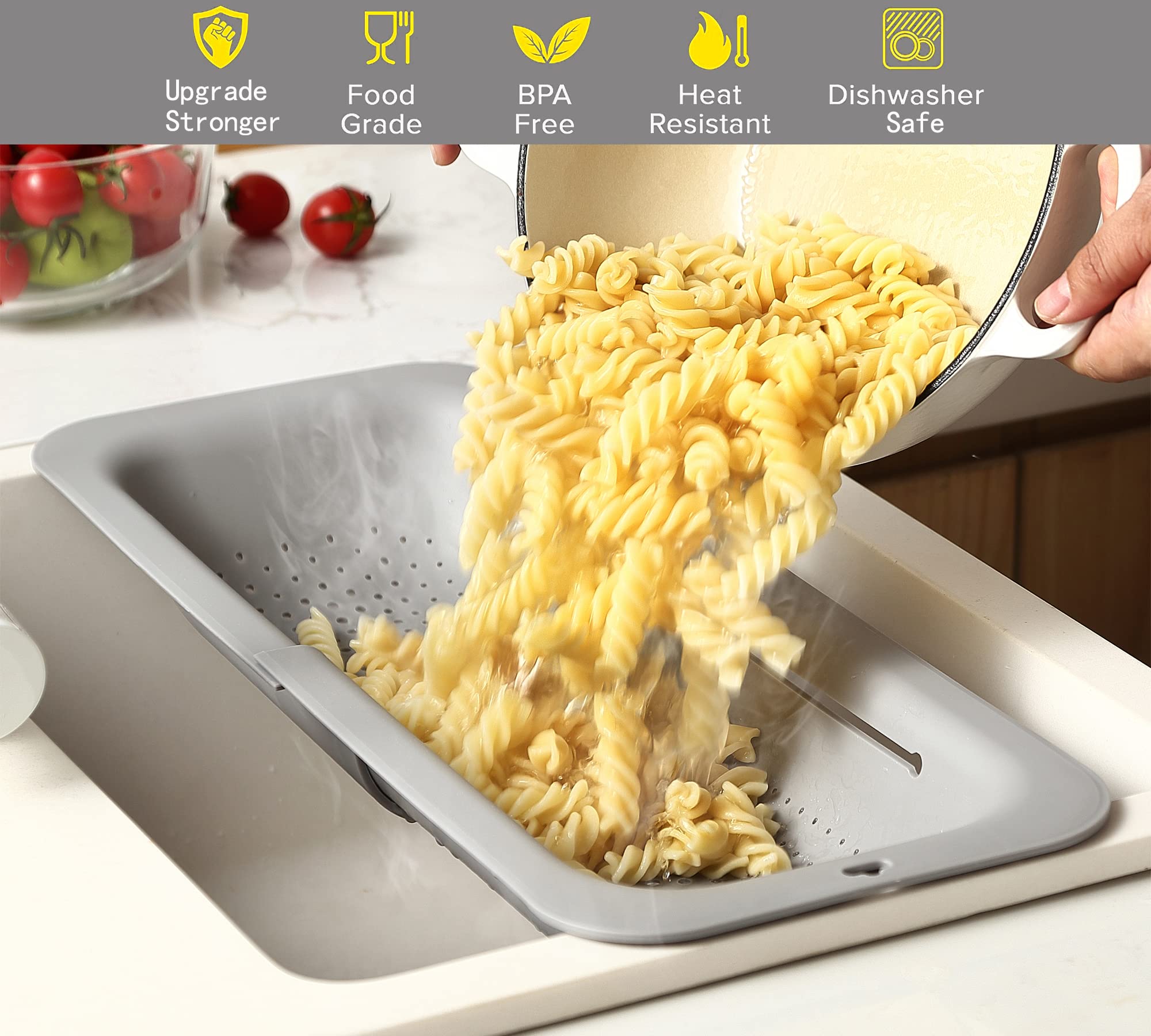 Domonic Home Colander Over the Sink Colander for Kitchen Sink, Over the Sink Strainer Basket Vegetables,Fruits,Pasta, Collapsible Colander 14.5"-19.5", Brilliant Rose Colander Dishwasher Safe