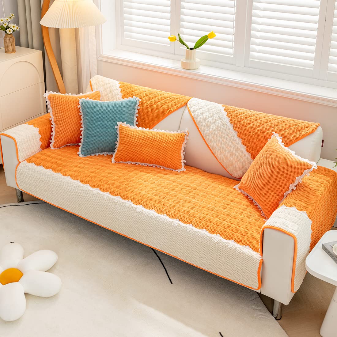 vctops Soft Corduroy Sofa Couch Cover, Plaid Sectional Couch Covers, Non-Slip Sofa Slipcover for Dogs Cats Kids(Orange,43"x43")