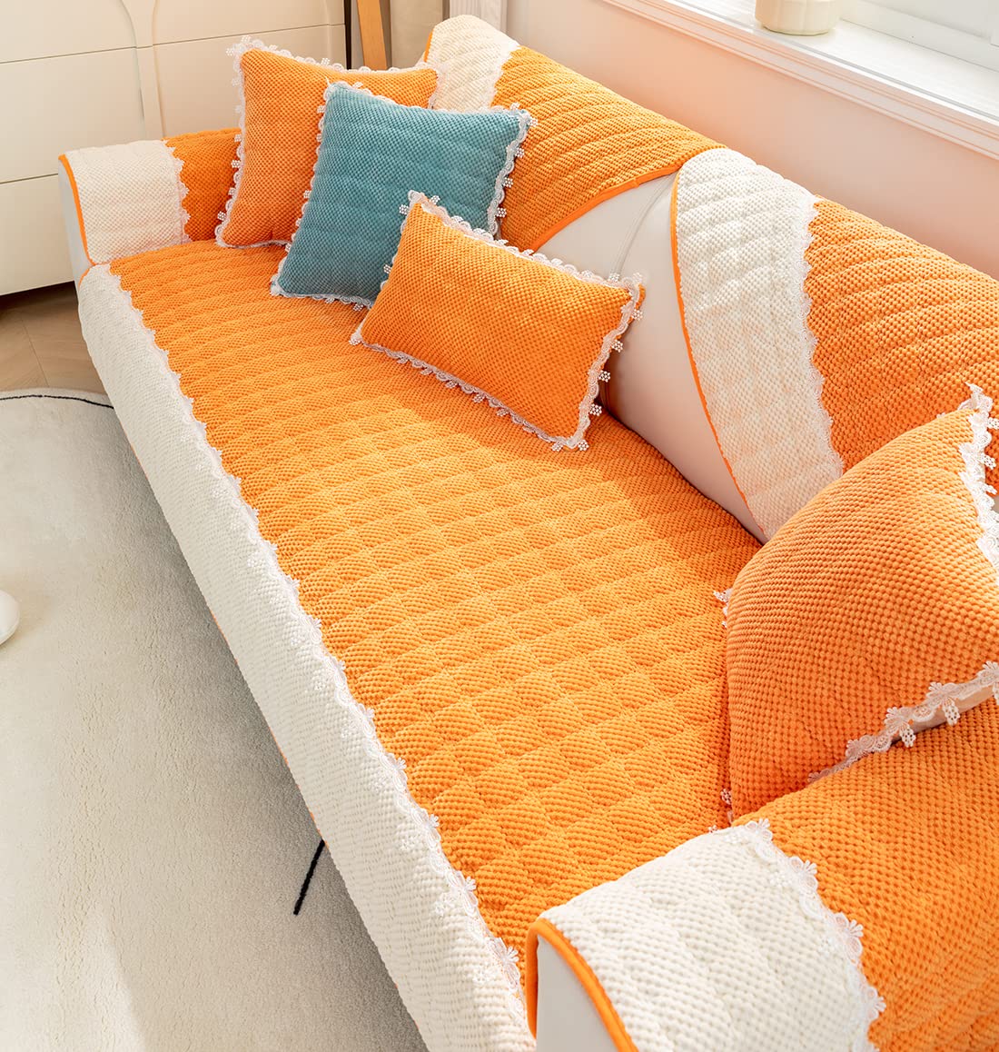 vctops Soft Corduroy Sofa Couch Cover, Plaid Sectional Couch Covers, Non-Slip Sofa Slipcover for Dogs Cats Kids(Orange,43"x43")