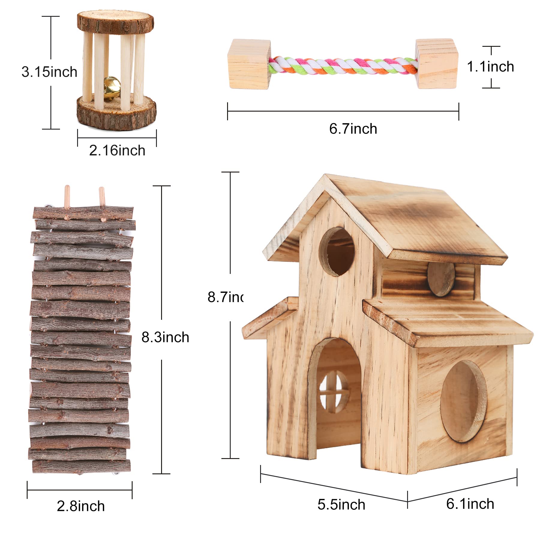 Small Animal Activity Toy Hamster Houses Hideouts Wooden Rat Playground Platform with Ladders Bridge for Chinchilla, Guinea Pigs, Gerbil, Parrots, Dwarf Mice,and Other Small Animals(Without bark)