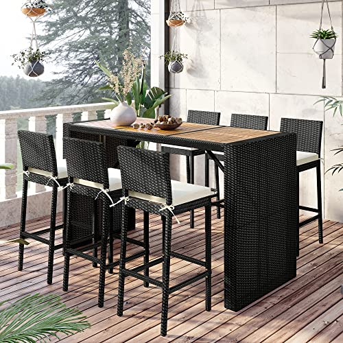 RUNNA 7-Piece Outdoor Patio Dining Set,PE Wicker Bar Furniture Set with Acacia Wood Tabletop and 6 Dining Chairs for Backyard, Garden