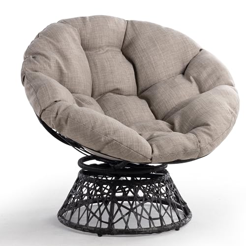 Bme 40" Ergonomic Wicker Papasan Chair with Soft Thick Density Fabric Cushion, High Capacity Steel Frame, 360 Degree Swivel for Living, Bedroom, Reading Room, Lounge, Silver Cloud - Black Base