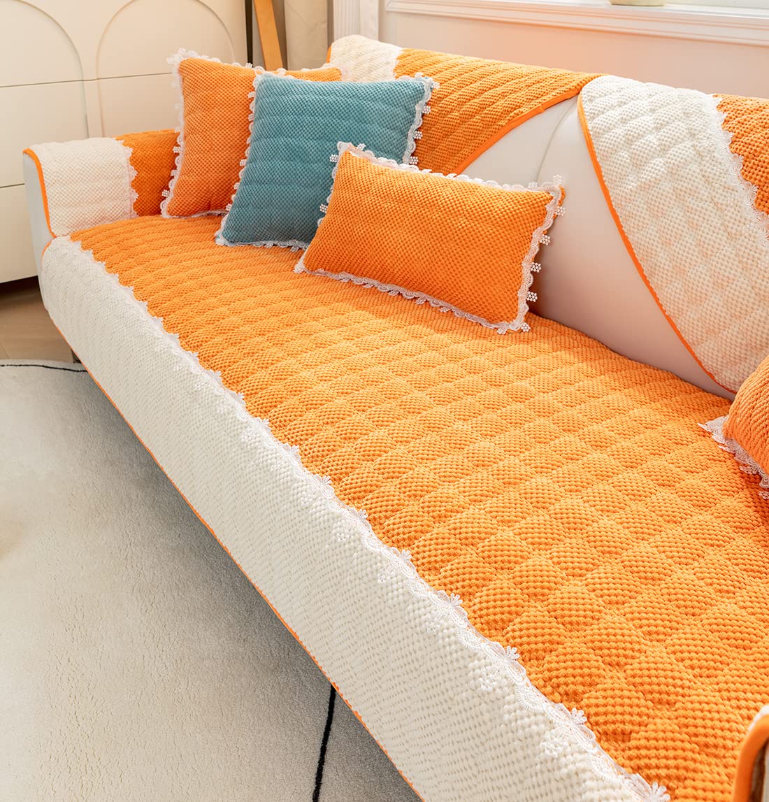 vctops Soft Corduroy Sofa Couch Cover, Plaid Sectional Couch Covers, Non-Slip Sofa Slipcover for Dogs Cats Kids(Orange,43"x43")