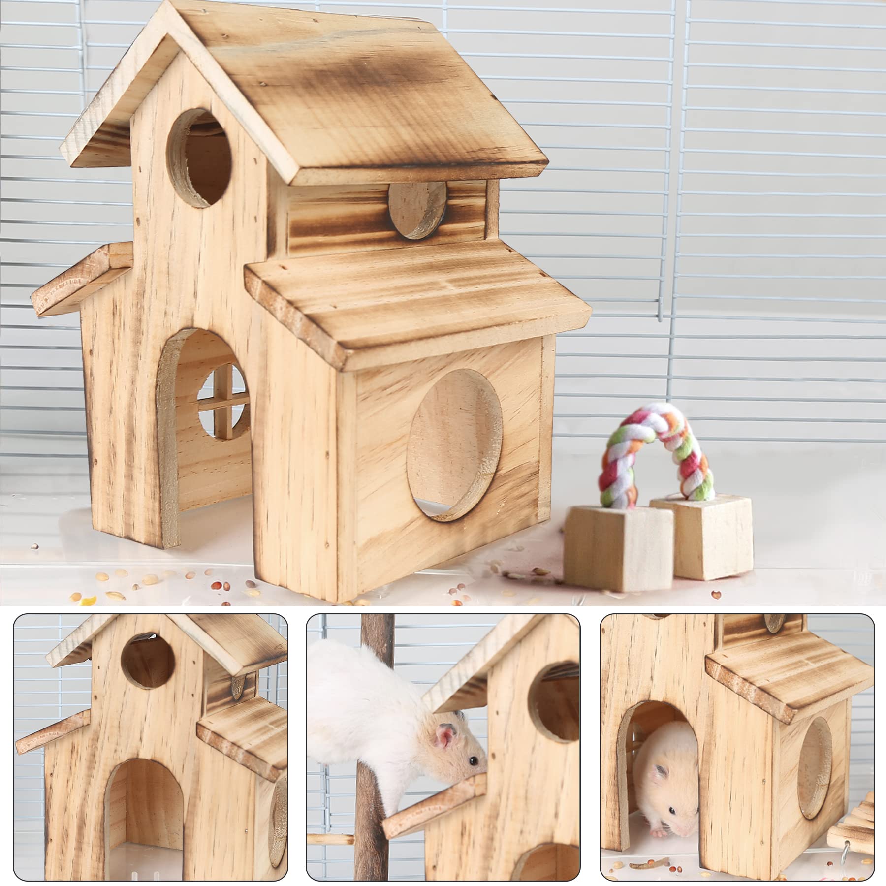 Small Animal Activity Toy Hamster Houses Hideouts Wooden Rat Playground Platform with Ladders Bridge for Chinchilla, Guinea Pigs, Gerbil, Parrots, Dwarf Mice,and Other Small Animals(Without bark)