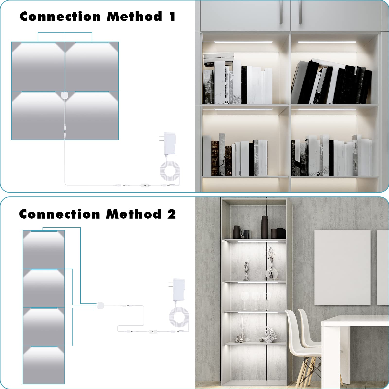 JUSJUBR 4-Pack Cold White Display Shelf Lights, Under Shelf Lighting with Memory Function, 12 Inch 6000K Plug-in Bookshelf Lighting, LED Cabinet Lights for Display Case/Pantry/Closet/Safe