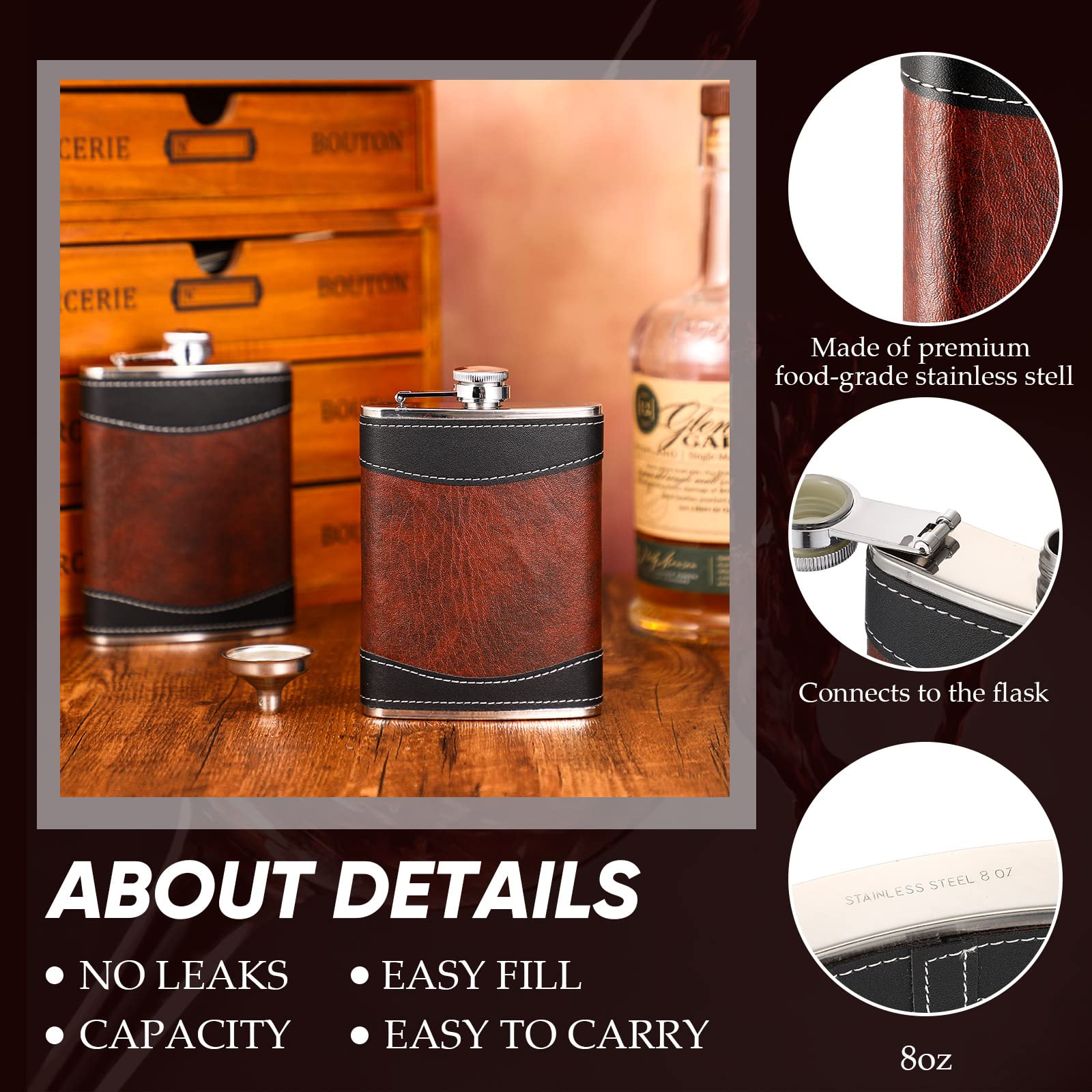 Rtteri 8 oz Leather Hip Flasks for Liquor for Men Leak Proof Stainless Steel Drinking Flasks with Funnel Soft Wrap Whiskey Vessels for Wedding Bridesmaid Christmas Gifts(Brown,6 Set)