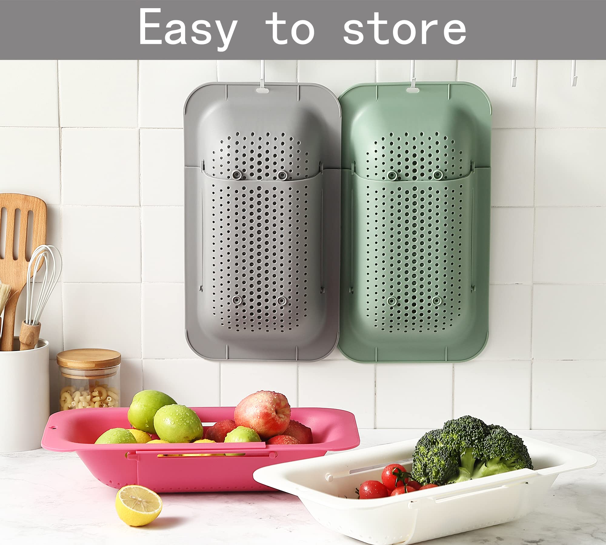 Domonic Home Colander Over the Sink Colander for Kitchen Sink, Over the Sink Strainer Basket Vegetables,Fruits,Pasta, Collapsible Colander 14.5"-19.5", Brilliant Rose Colander Dishwasher Safe
