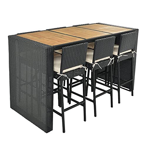 RUNNA 7-Piece Outdoor Patio Dining Set,PE Wicker Bar Furniture Set with Acacia Wood Tabletop and 6 Dining Chairs for Backyard, Garden