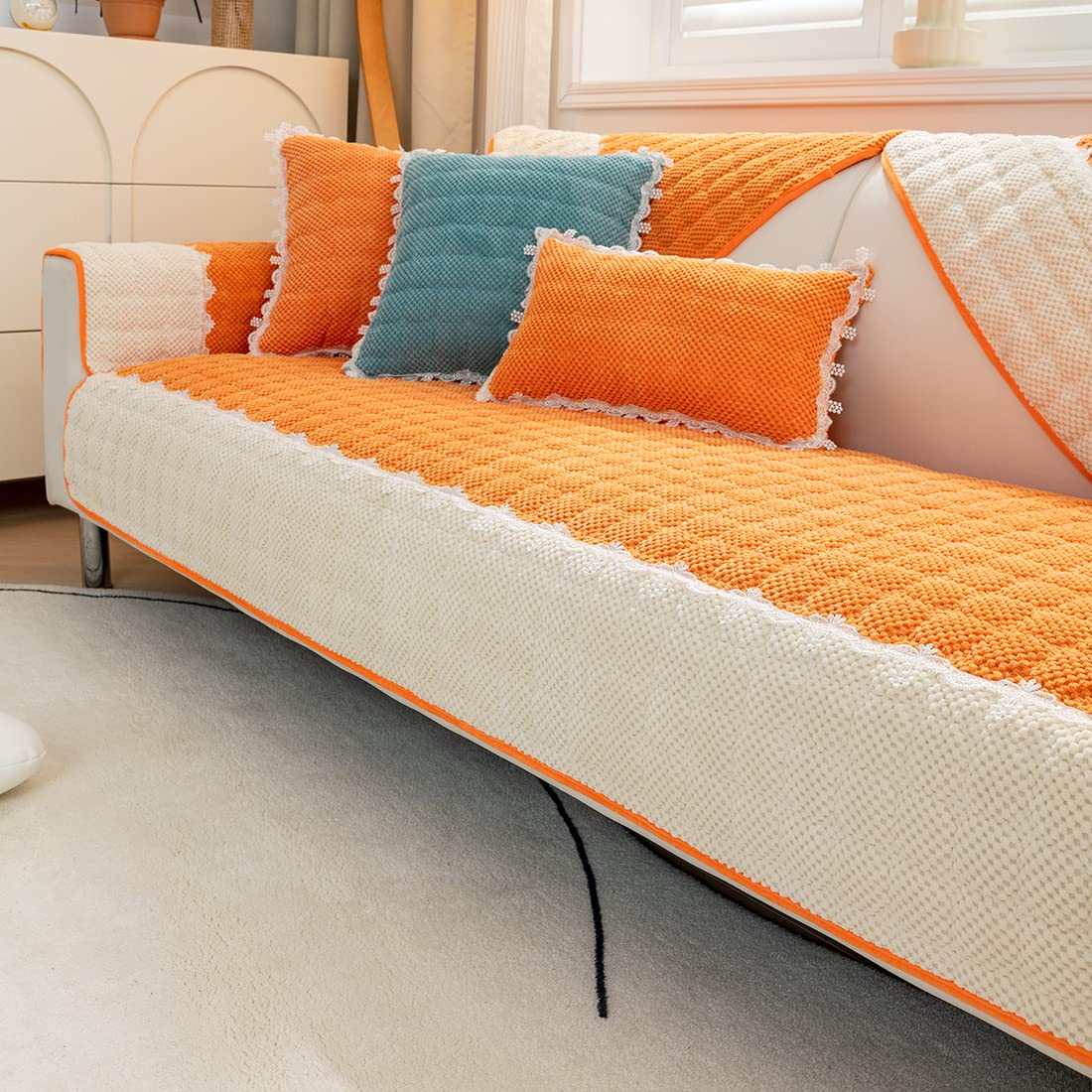 vctops Soft Corduroy Sofa Couch Cover, Plaid Sectional Couch Covers, Non-Slip Sofa Slipcover for Dogs Cats Kids(Orange,43"x43")