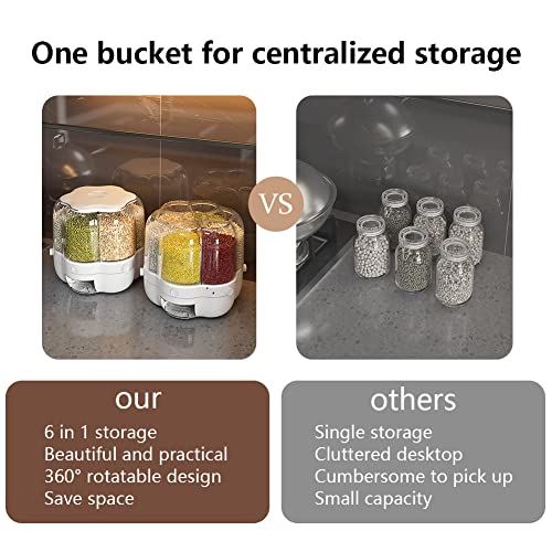 15lb Cereal and Grain Storage Container, 6-Compartment 360°Rotating Dry Food Dispenser with Measuring Cup, Kitchen Lentil Round Storage Container Dispenser for Small Grains, Beans, Rice, Barley,