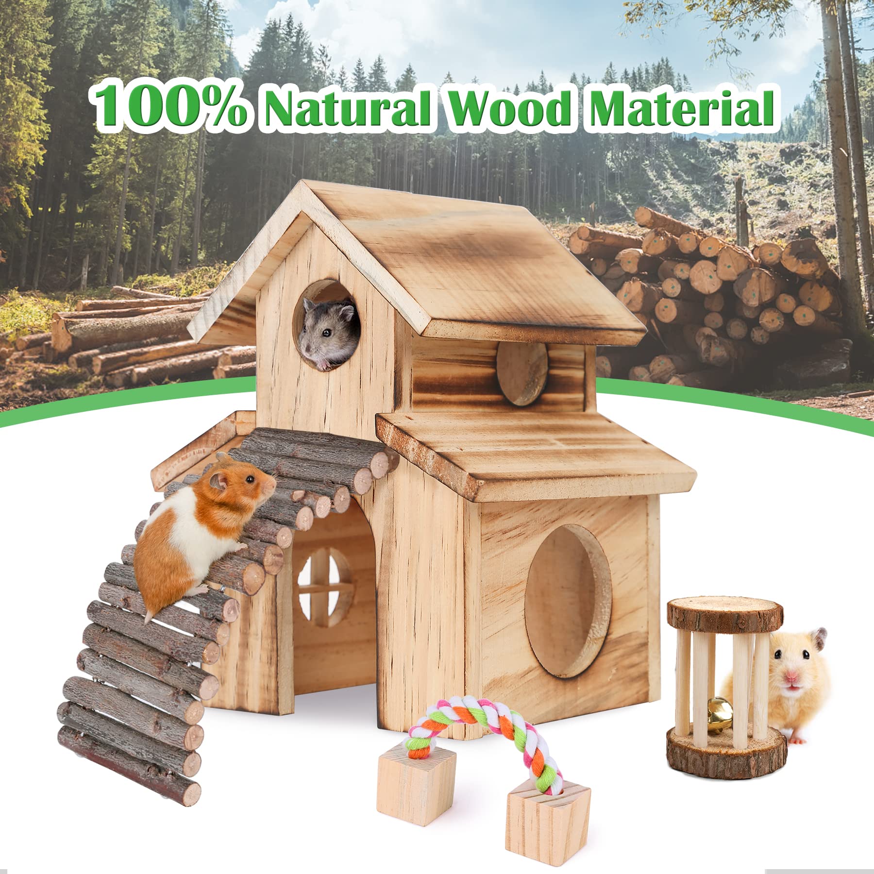 Small Animal Activity Toy Hamster Houses Hideouts Wooden Rat Playground Platform with Ladders Bridge for Chinchilla, Guinea Pigs, Gerbil, Parrots, Dwarf Mice,and Other Small Animals(Without bark)