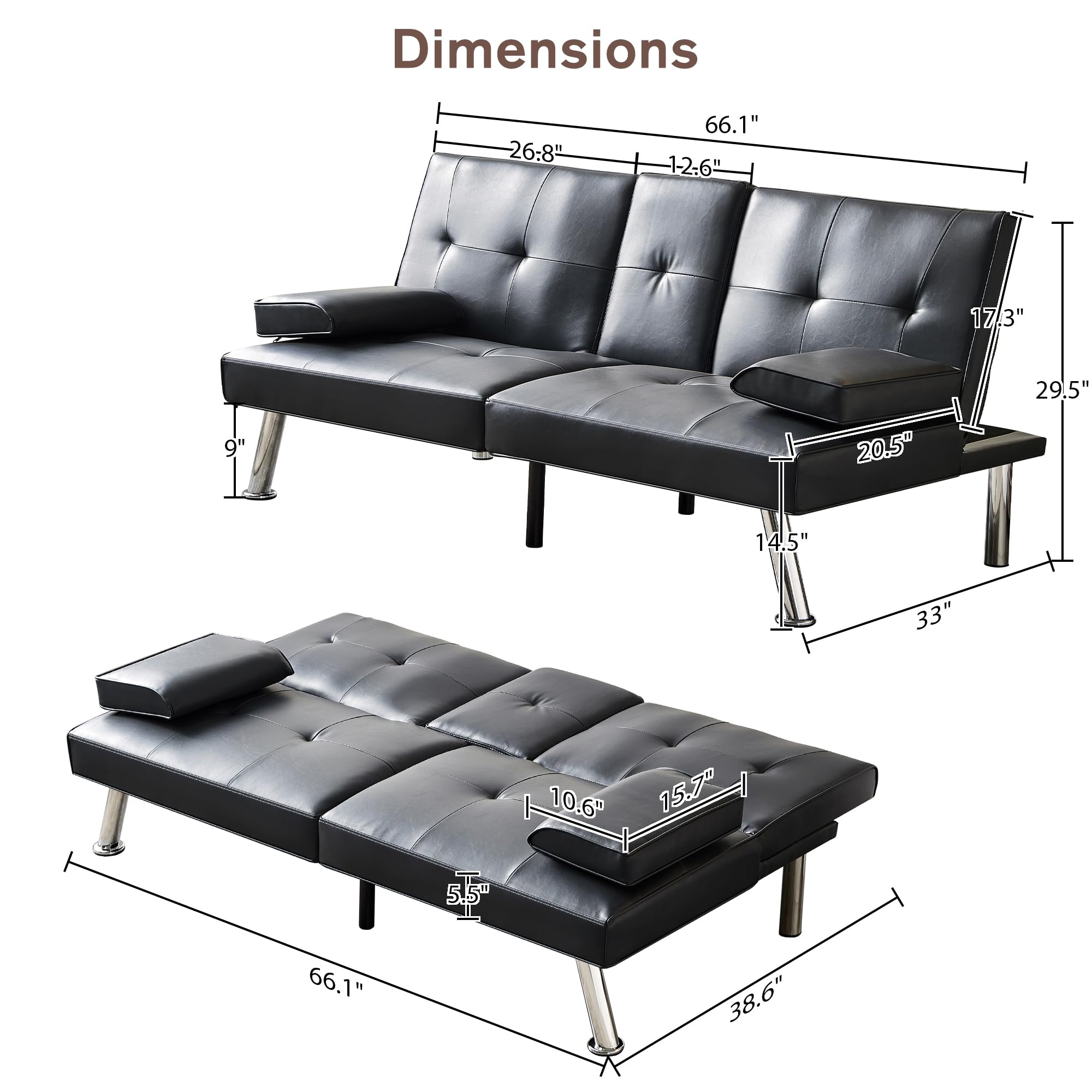 66“ Modern Futon Sofa Bed Couch: Linen Fabric,2 Cup Hodlers,Removable Armrests,Convertible Folding Loveseat Sleeper for Living Room Bedroom Small Space Apartment