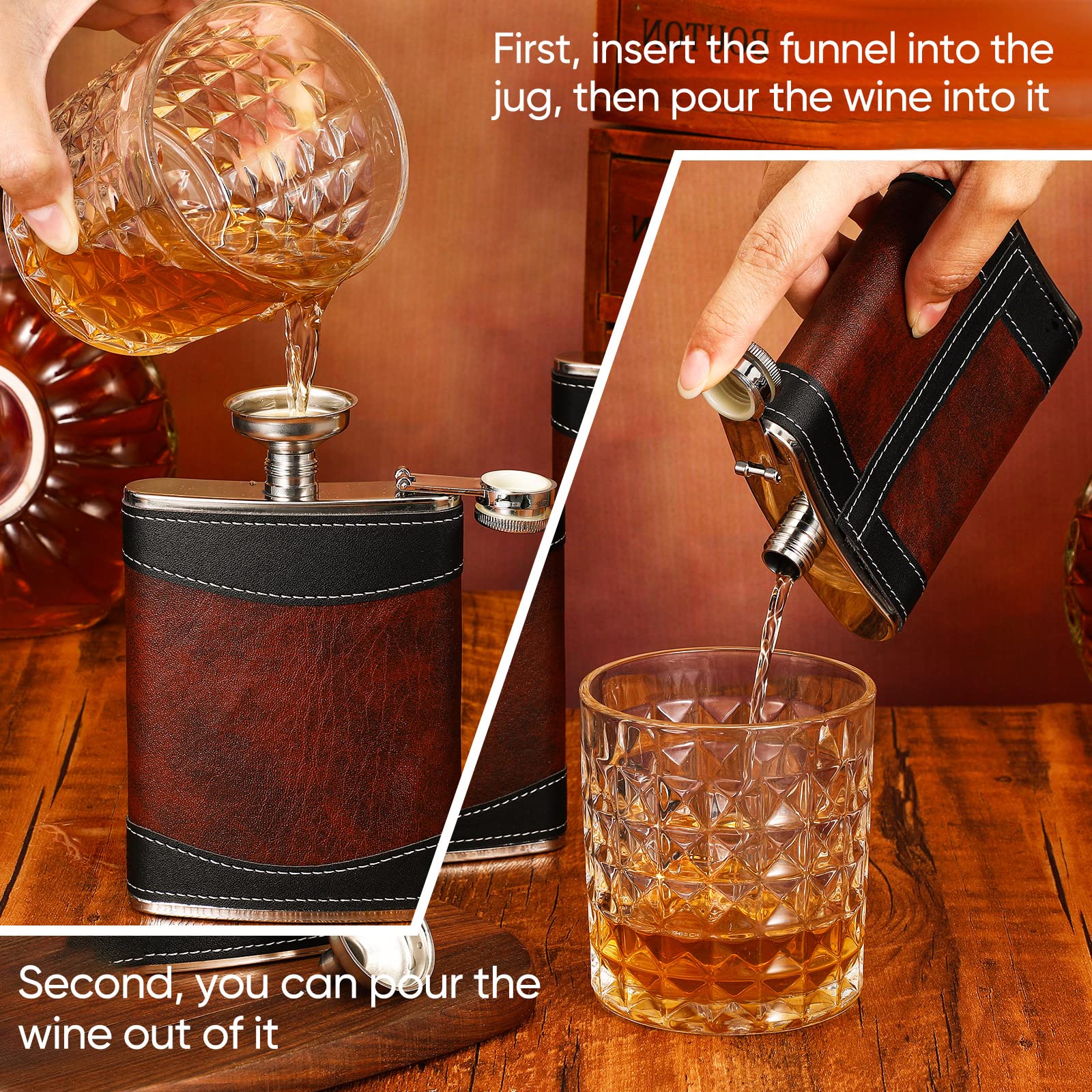 Rtteri 8 oz Leather Hip Flasks for Liquor for Men Leak Proof Stainless Steel Drinking Flasks with Funnel Soft Wrap Whiskey Vessels for Wedding Bridesmaid Christmas Gifts(Brown,6 Set)