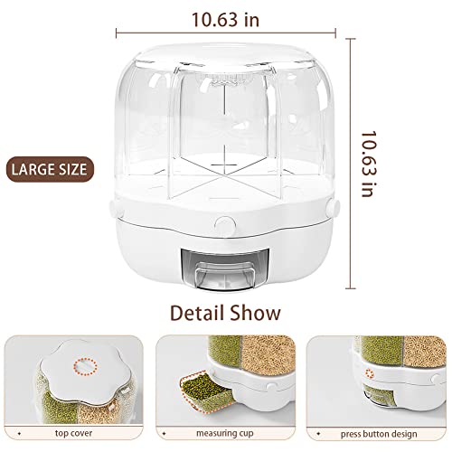 15lb Cereal and Grain Storage Container, 6-Compartment 360°Rotating Dry Food Dispenser with Measuring Cup, Kitchen Lentil Round Storage Container Dispenser for Small Grains, Beans, Rice, Barley,