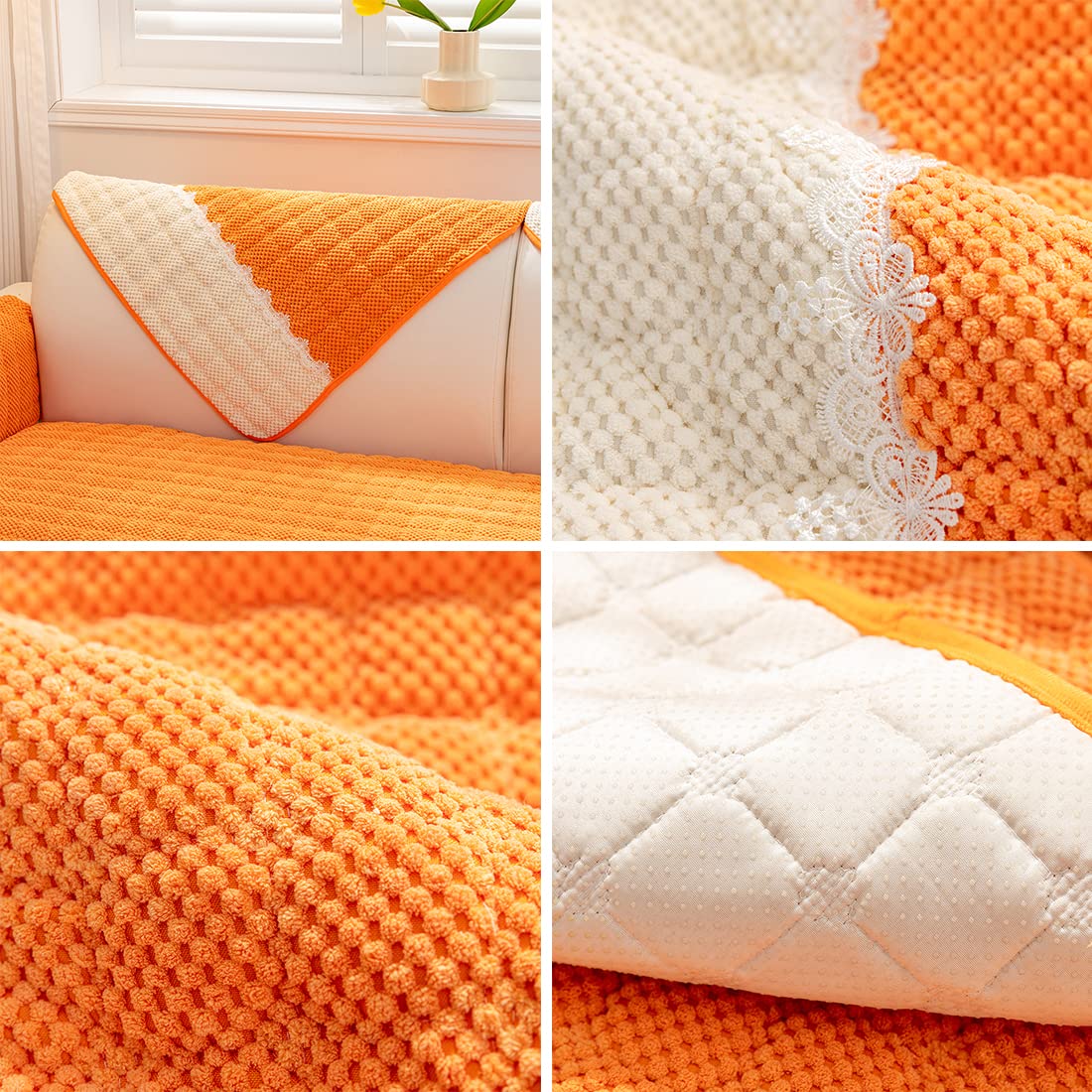 vctops Soft Corduroy Sofa Couch Cover, Plaid Sectional Couch Covers, Non-Slip Sofa Slipcover for Dogs Cats Kids(Orange,43"x43")