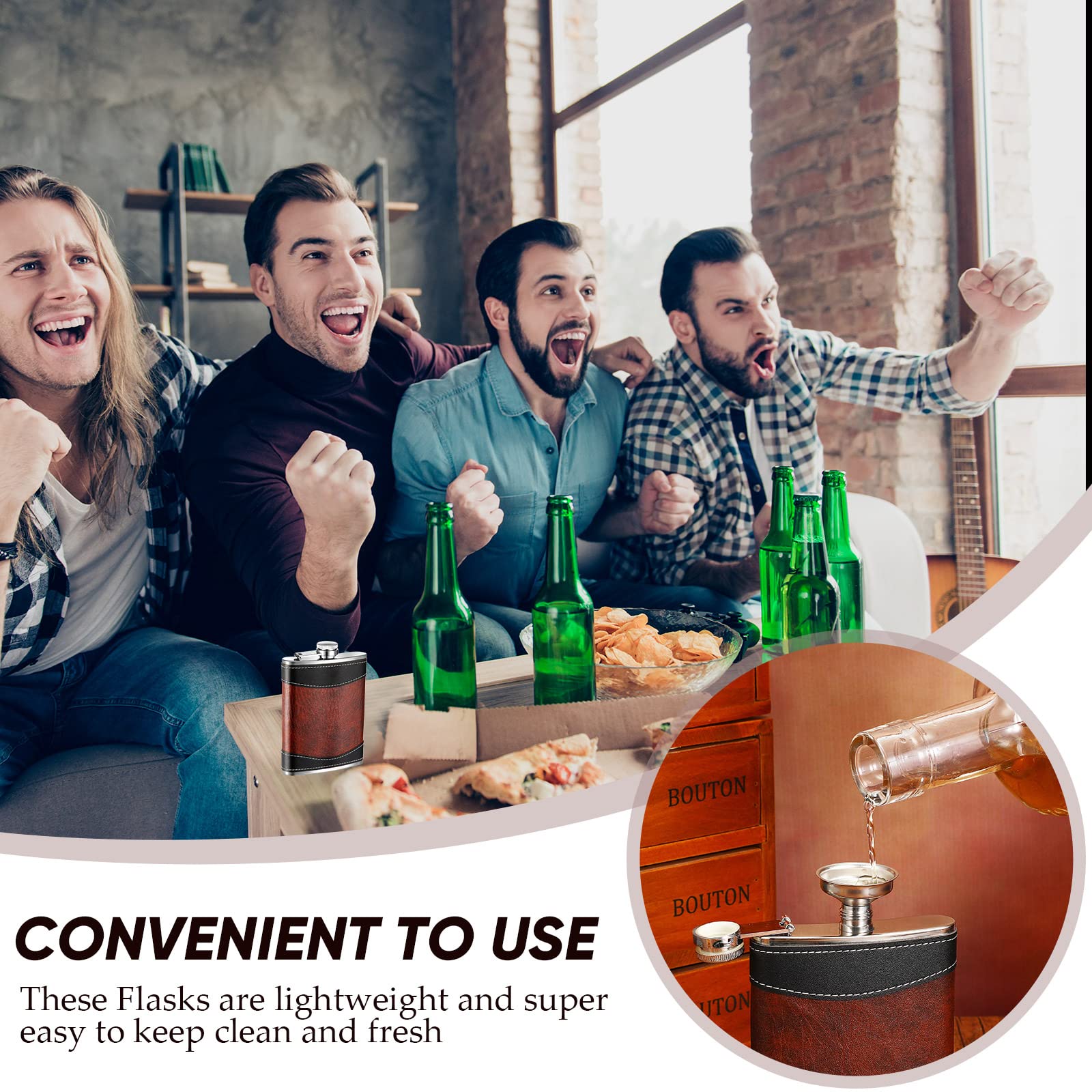 Rtteri 8 oz Leather Hip Flasks for Liquor for Men Leak Proof Stainless Steel Drinking Flasks with Funnel Soft Wrap Whiskey Vessels for Wedding Bridesmaid Christmas Gifts(Brown,6 Set)