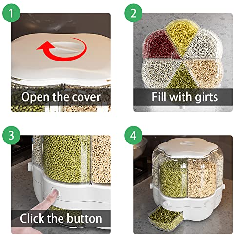 15lb Cereal and Grain Storage Container, 6-Compartment 360°Rotating Dry Food Dispenser with Measuring Cup, Kitchen Lentil Round Storage Container Dispenser for Small Grains, Beans, Rice, Barley,