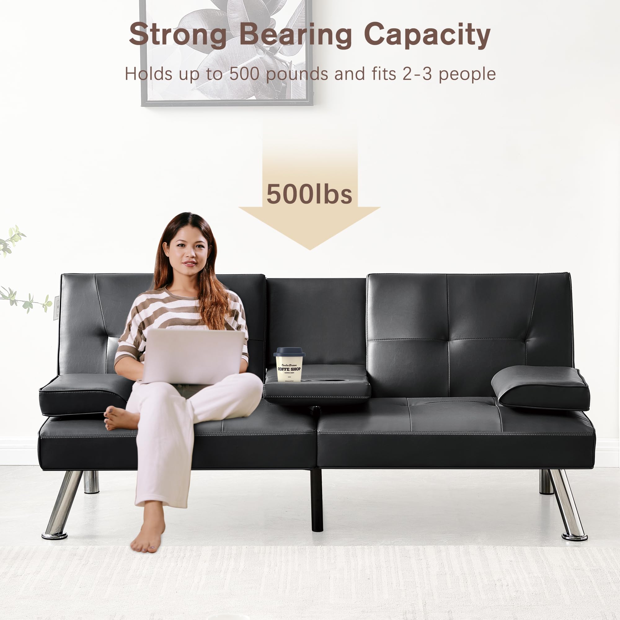 66“ Modern Futon Sofa Bed Couch: Linen Fabric,2 Cup Hodlers,Removable Armrests,Convertible Folding Loveseat Sleeper for Living Room Bedroom Small Space Apartment