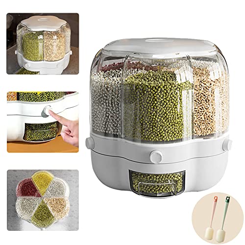 15lb Cereal and Grain Storage Container, 6-Compartment 360°Rotating Dry Food Dispenser with Measuring Cup, Kitchen Lentil Round Storage Container Dispenser for Small Grains, Beans, Rice, Barley,