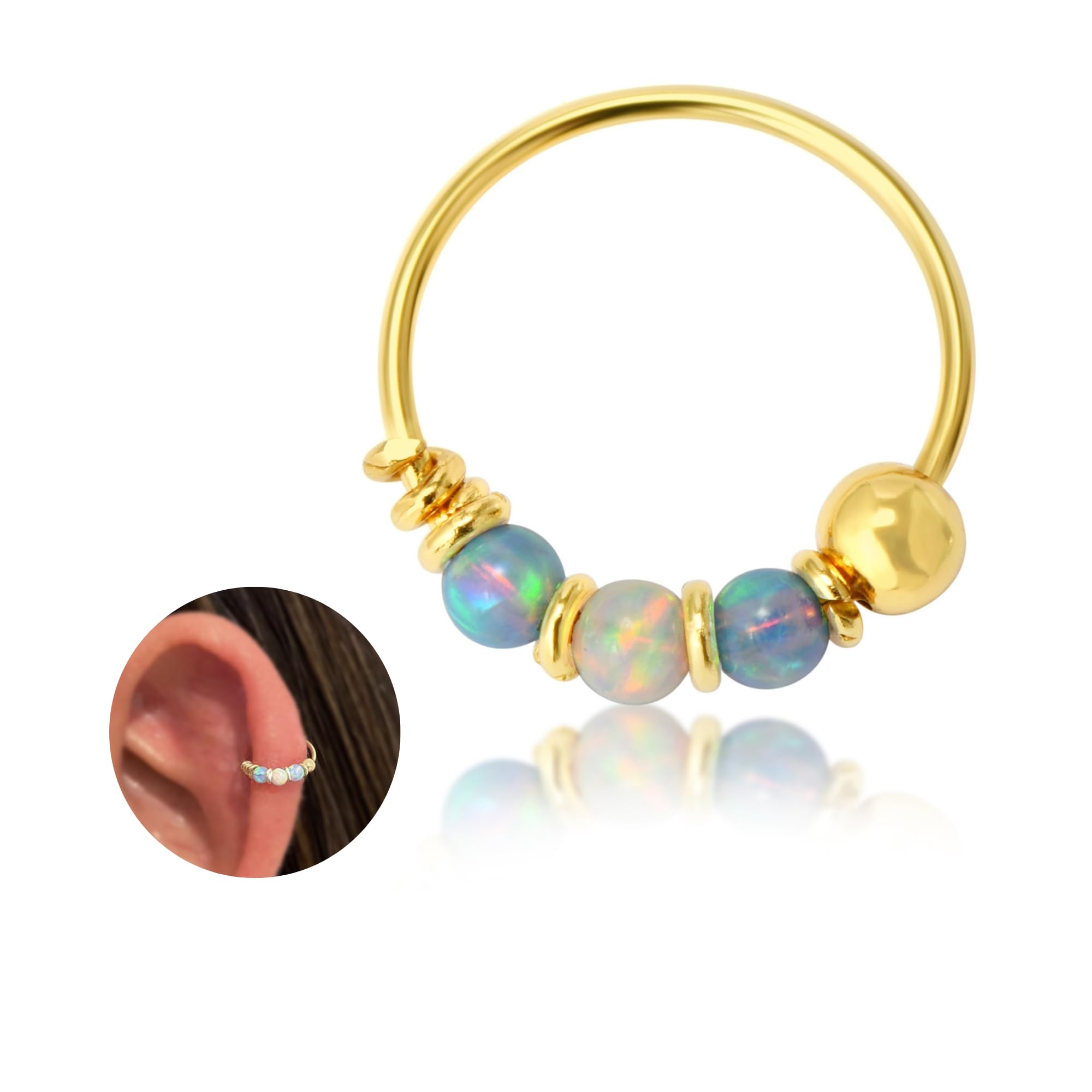 Handmade Gold Single 10MM Cartilgae Helix Piercing Hoop Earring with Trio Blue&White Opal, Gold Plated over Sterling Silver Very Small Thin 22Gauge Hoop for women, By Miya Jewelry Creations