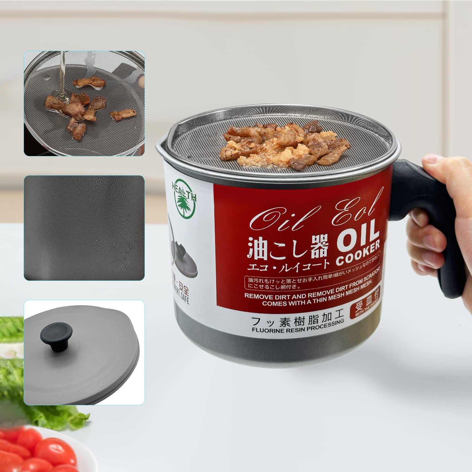 PARACITY Bacon Grease Container with Fine Strainer and Dust-proof Lid, 1.2L/ 41OZ Cooking Oil Container/Can/Pot for Kitchen Meat Frying Oil and Cooking Grease Storage
