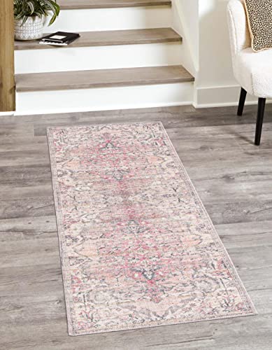 Rugs.com Nostalgia Washable Collection Rug – 2' 7 x 12' Runner Beige Pink Flatweave Perfect for Hallways, Entryways