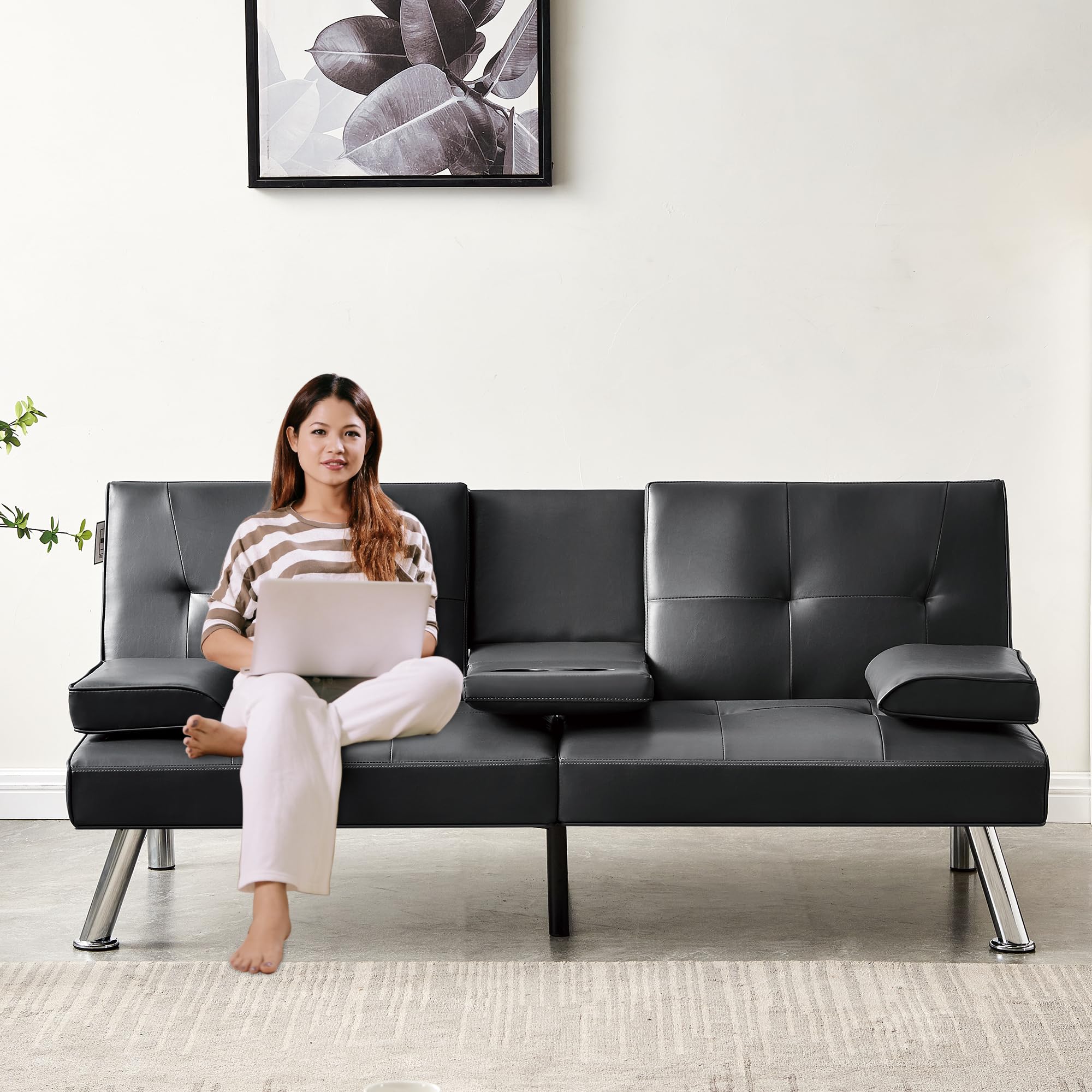 66“ Modern Futon Sofa Bed Couch: Linen Fabric,2 Cup Hodlers,Removable Armrests,Convertible Folding Loveseat Sleeper for Living Room Bedroom Small Space Apartment