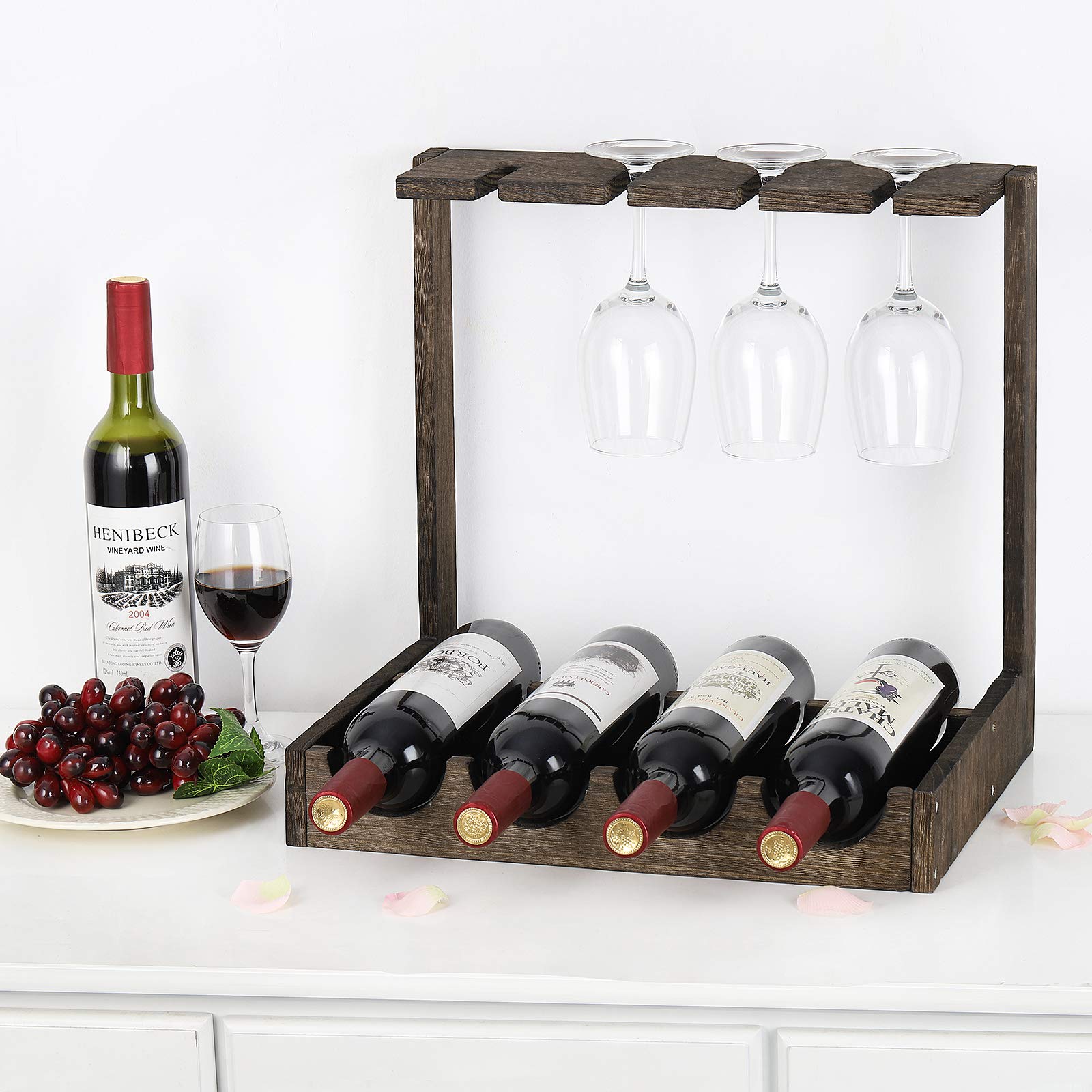 NANANARDOSO Wine Rack, Rustic Wood Wine Storage Shelf with Glass Holder Tabletop Wine Bottle Holder Organizer for Kitchen Cabinet Pantry (Rustic Brown, 4-Slot)