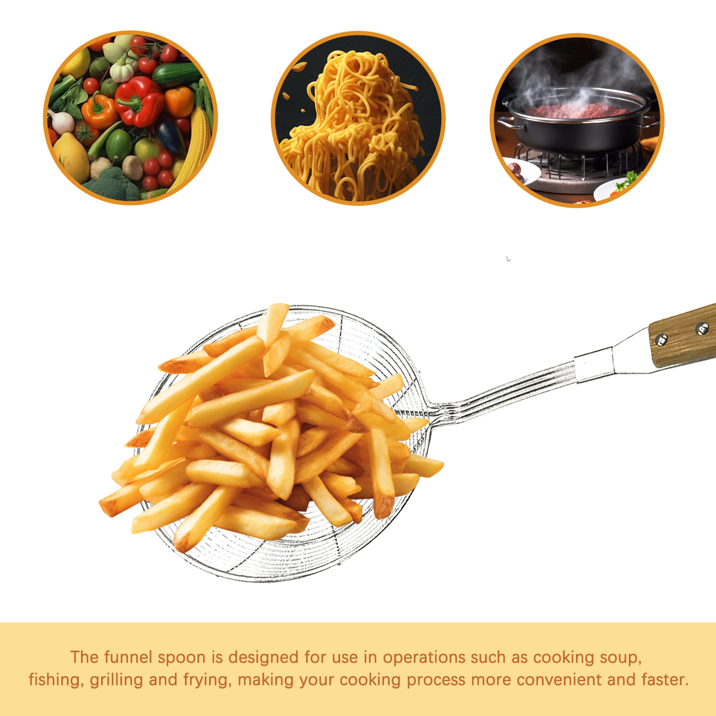 Vivicreate 7 Inch diameter Fine Mesh Strainers Bamboo Handle Premium Stainless Steel Colanders Spider Strainer Sifter Skimmer Spoon Perfect for Sift Strain Vegetables Pastas Tea