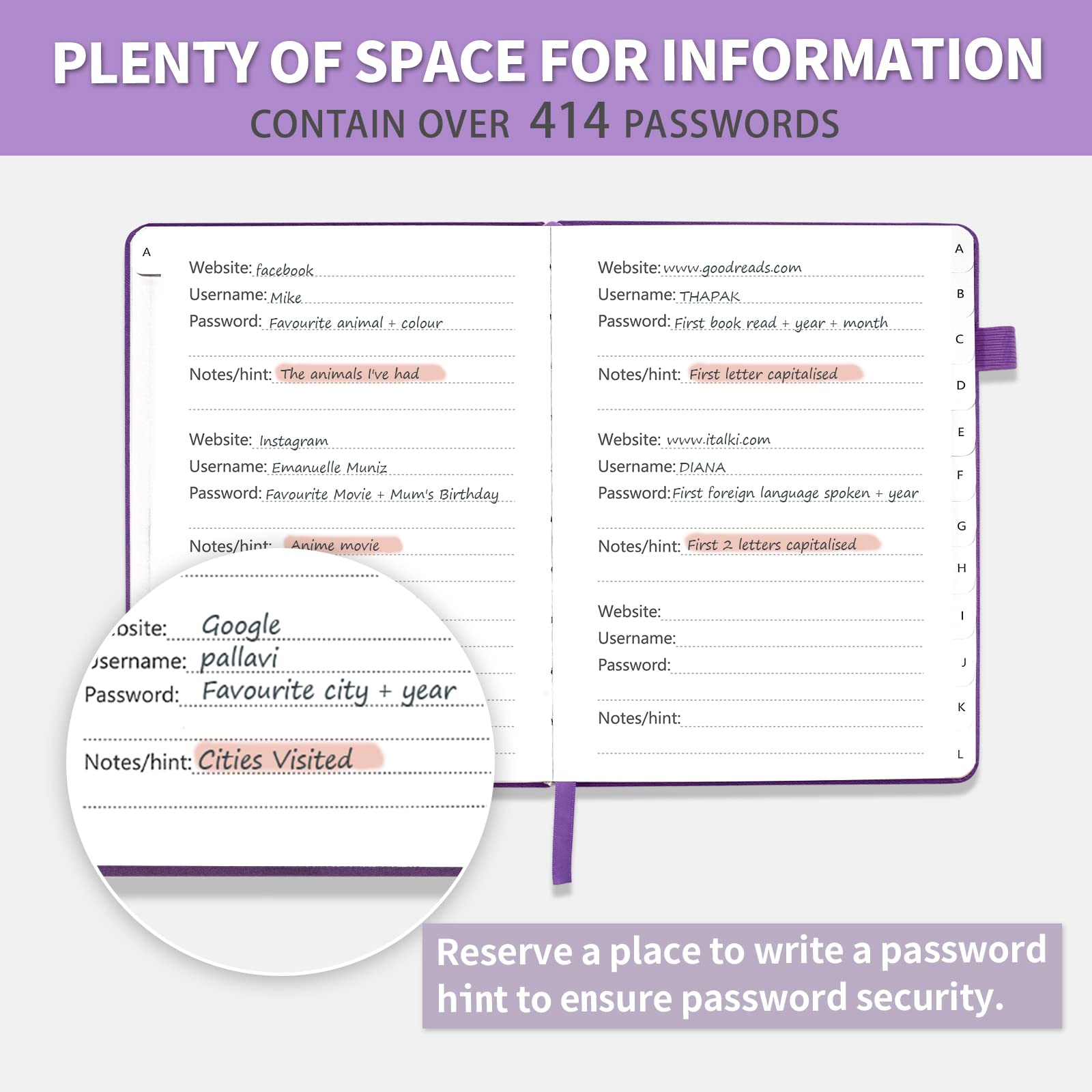 Password Book with Alphabetical Tabs, Hardcover Password Keeper, Password Notebook Organizer for Computer and Internet Address Website Login, Gifts for Home and Office, 4.4''x 5.8''- Purple