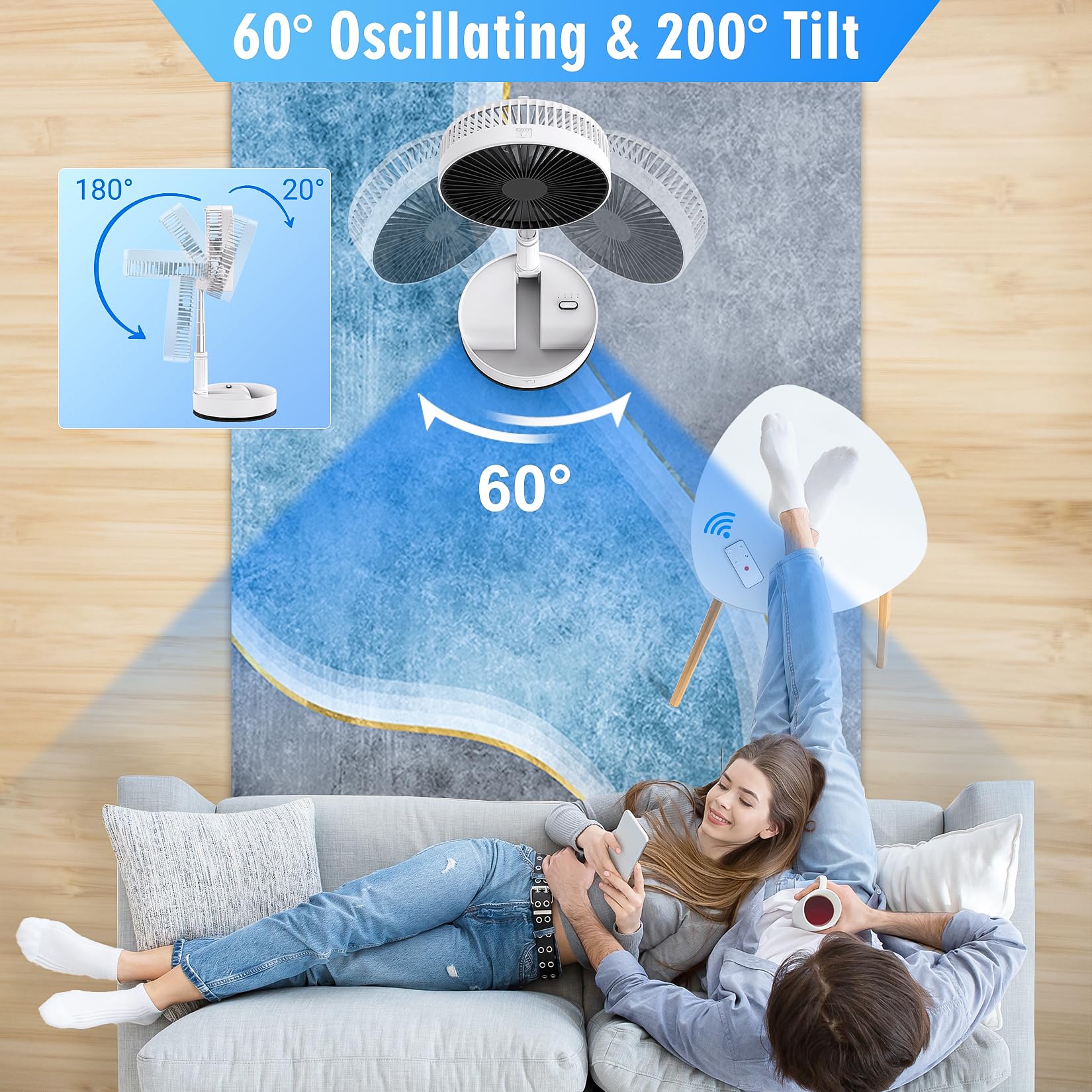 LIPETY Portable Foldable Rechargeable Oscillating Fan - 8" 7200mah Battery Operated USB C Small Fan Remote, Quiet Table Desk Fan Folding Standing Pedestal Fan for Bedroom Rome Office Camping Travel