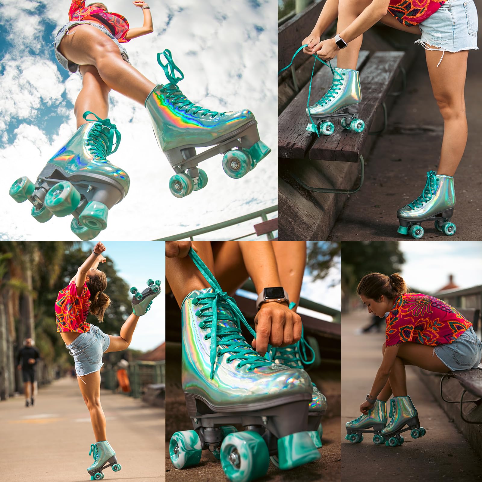 JajaHoho Roller Skates for Women, Shiny Holographic High Top Rollerskates, Double-Row Four Mixture Gradient Wheels Quad Skates for Girls Age 8-50 Indoor Outdoor (Size 3, Mint Green)